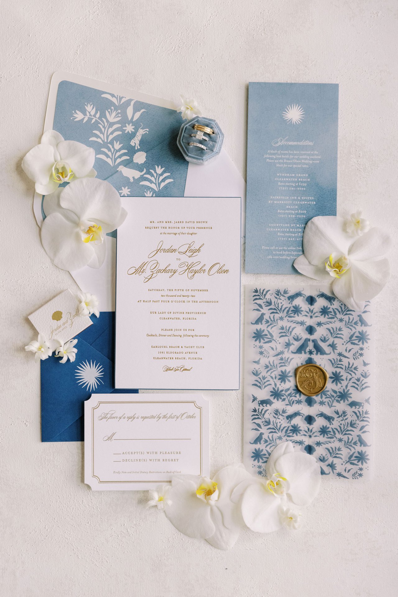 Blue, White, and Gold Wedding Invitation Suite