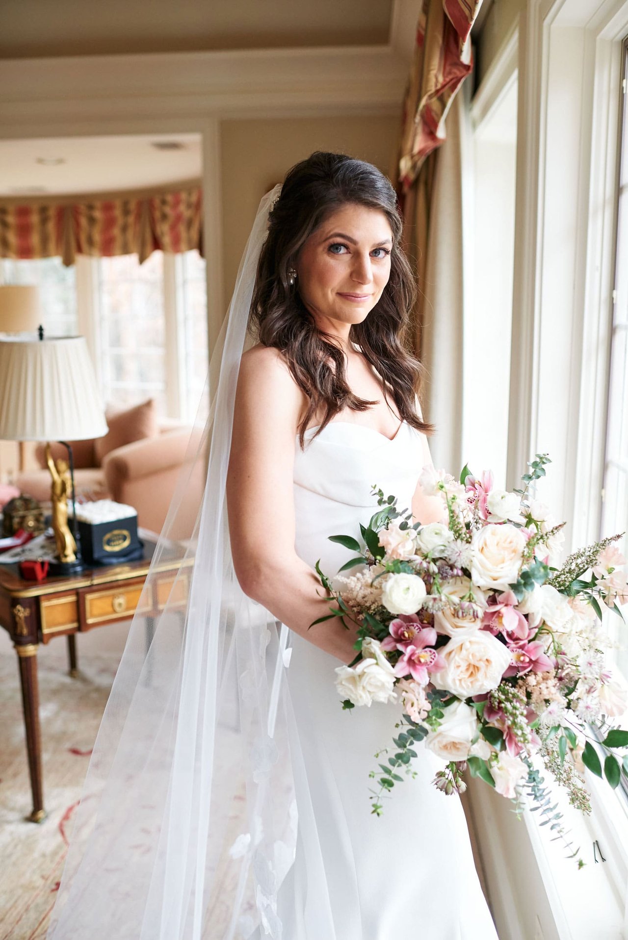 Bride Holding Cream & Pink Bouquet