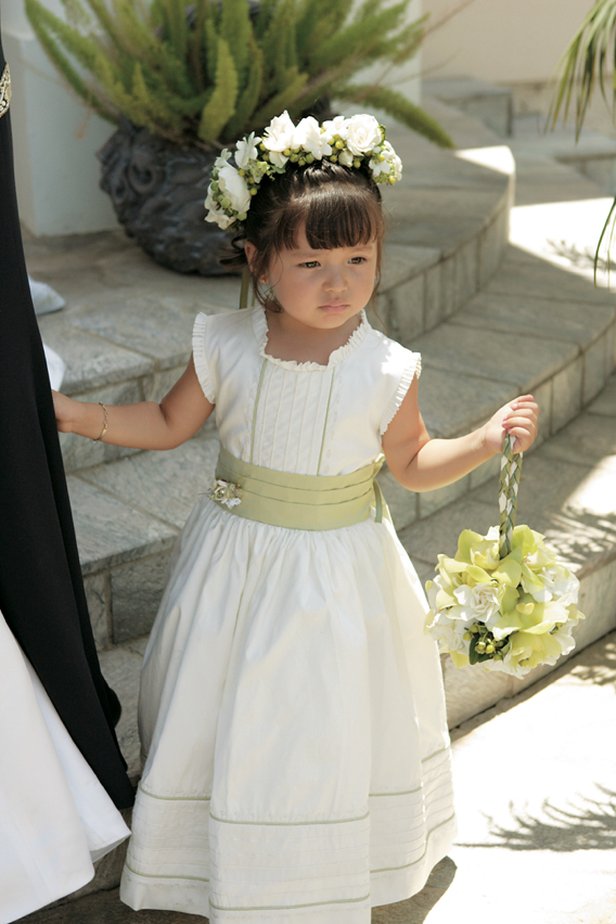 White and Green Flower Girl Dress