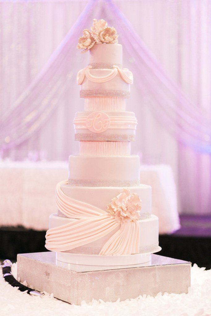 Tall White Cake with Crystals & Flowers