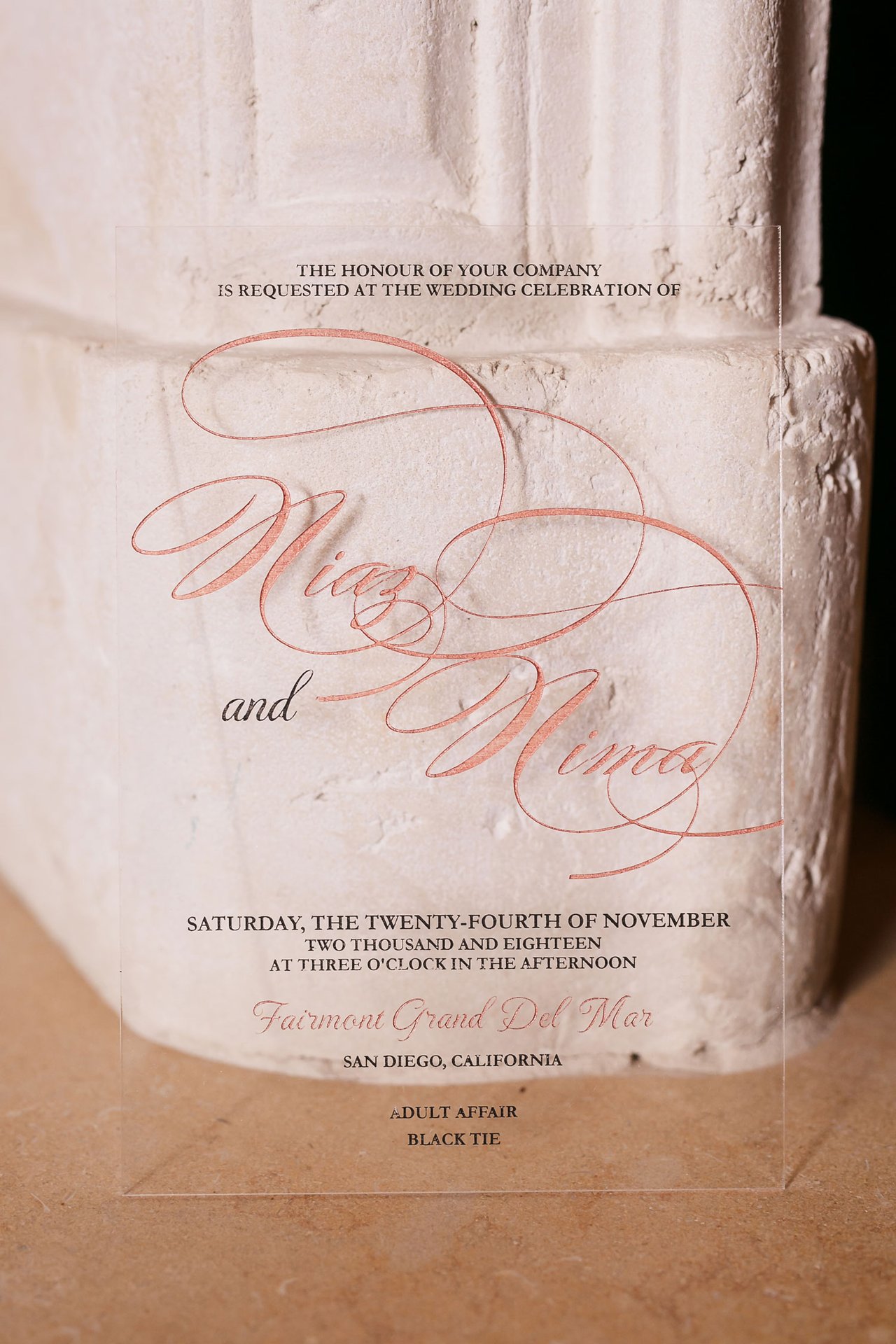 Acrylic Wedding Invitation with Pink Script