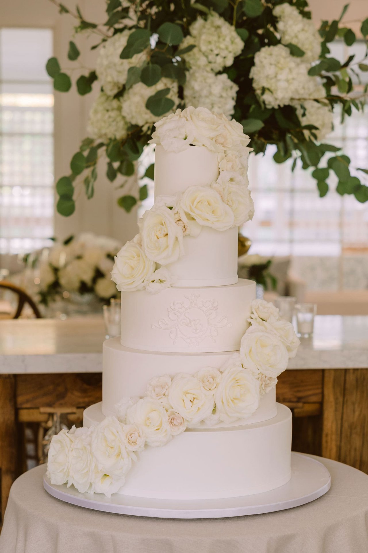Monogram White Wedding Cake with Flowers