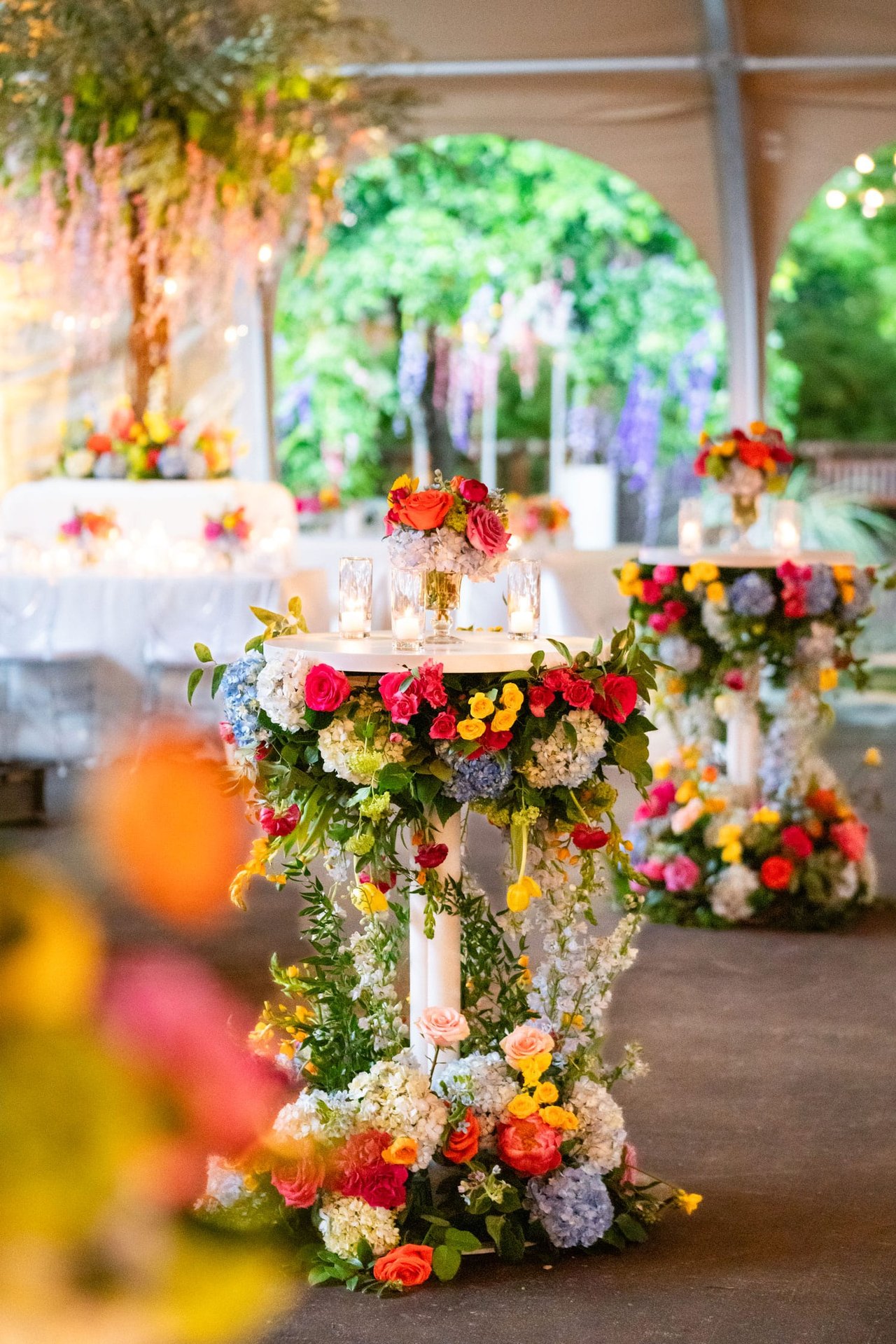 Flower-Wrapped Cocktail Tables at Wedding