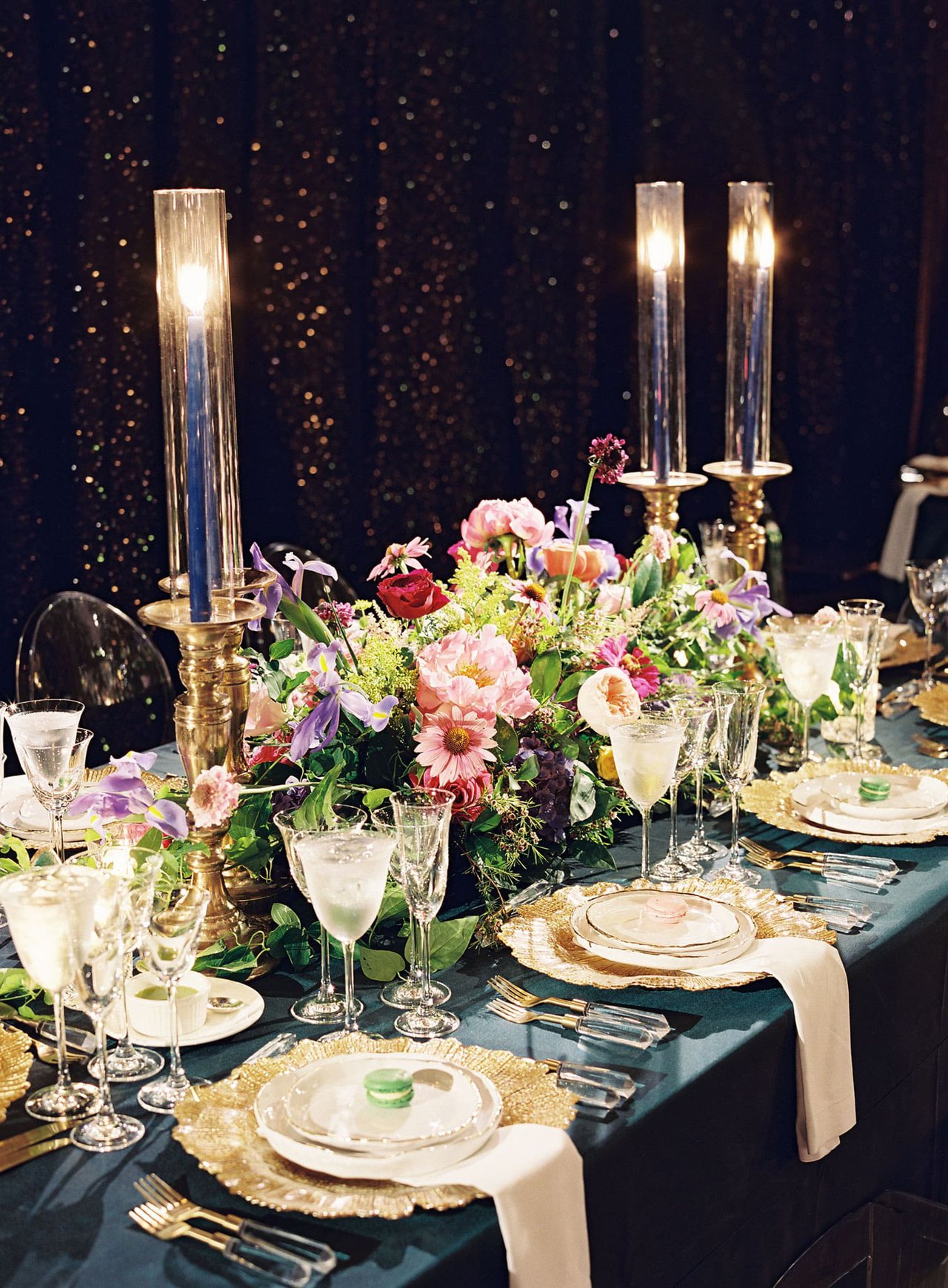 Blue Taper Candles at Colorful Tablescape