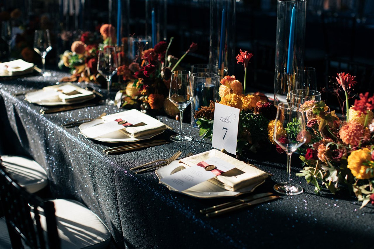 Dark Sequin Linens at Fall Wedding Reception