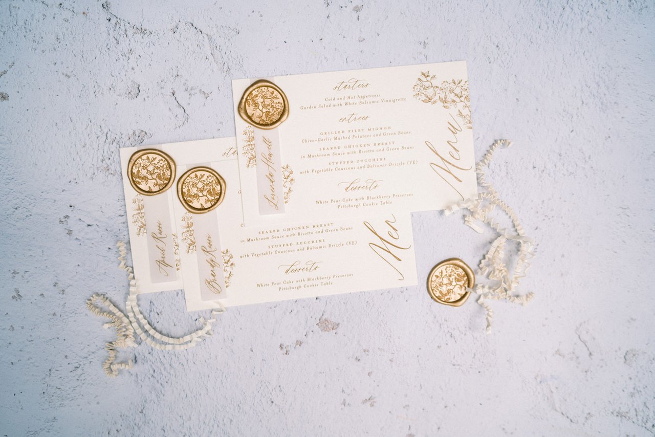 White and Gold Wedding Menu Design