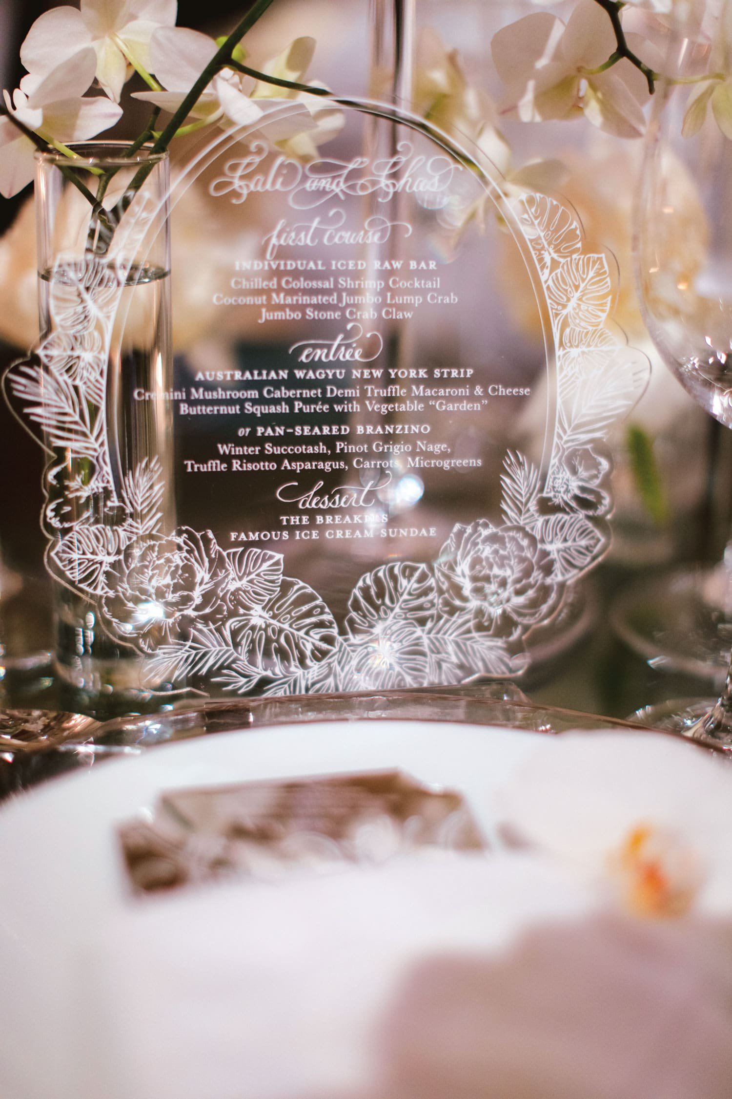 Acrylic Wedding Menu with Tropical Design