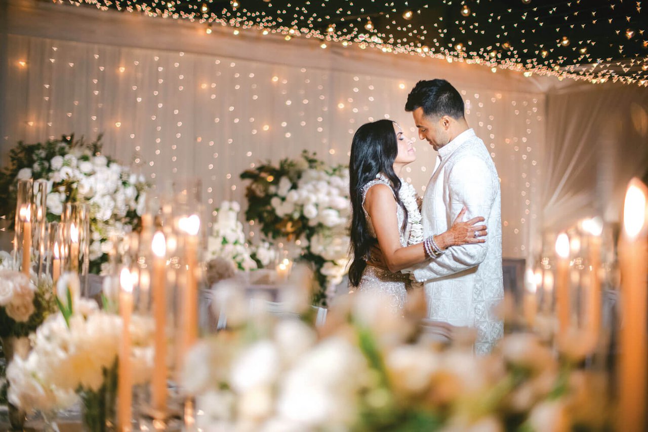 Bride & Groom at Reception with Twinkle Lights