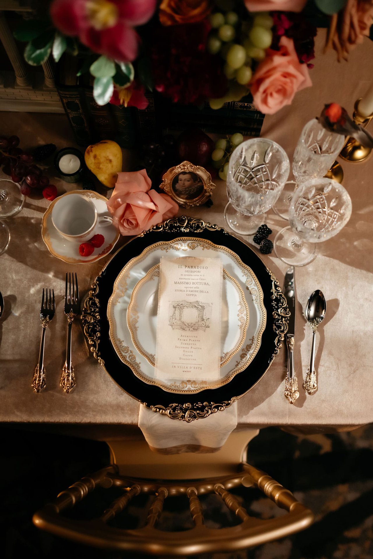 Aerial View of Place Setting at Old World Wedding