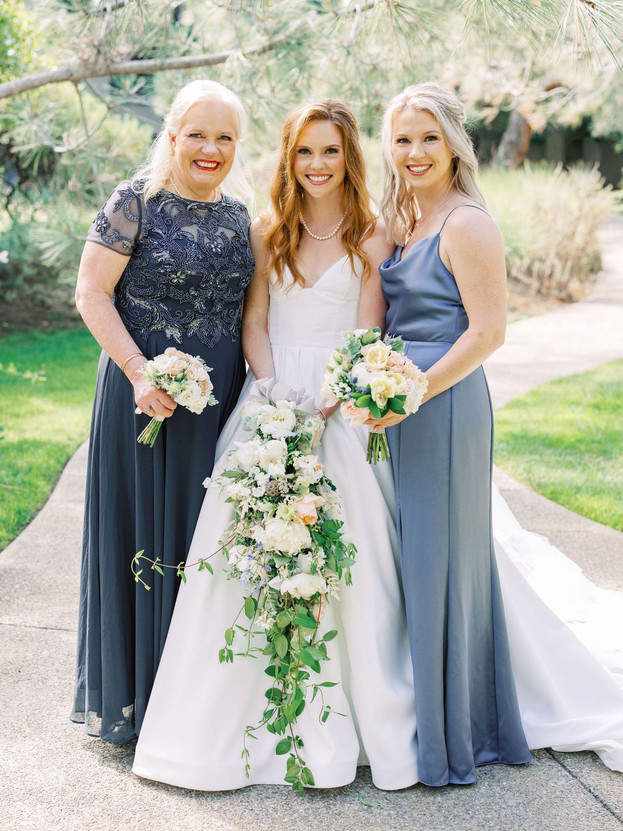 Bride with Mom & Sister in Blue Dresses