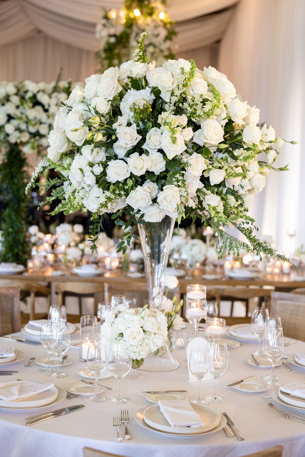 Tall White Rose Centerpiece with Greenery