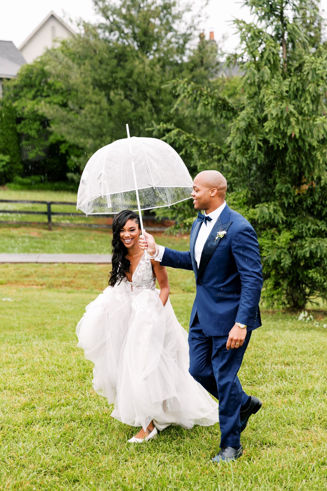 Bride & Groom with Clear Umbrella