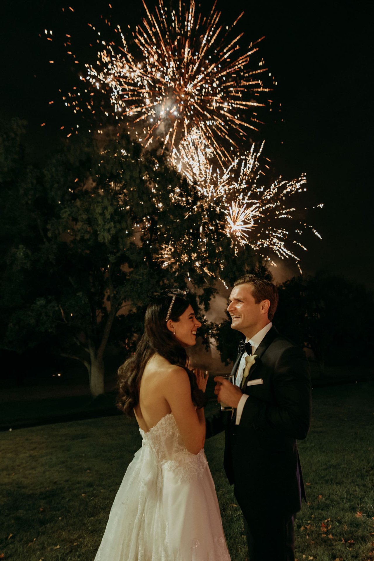 Bride & Groom with Fireworks at Wedding