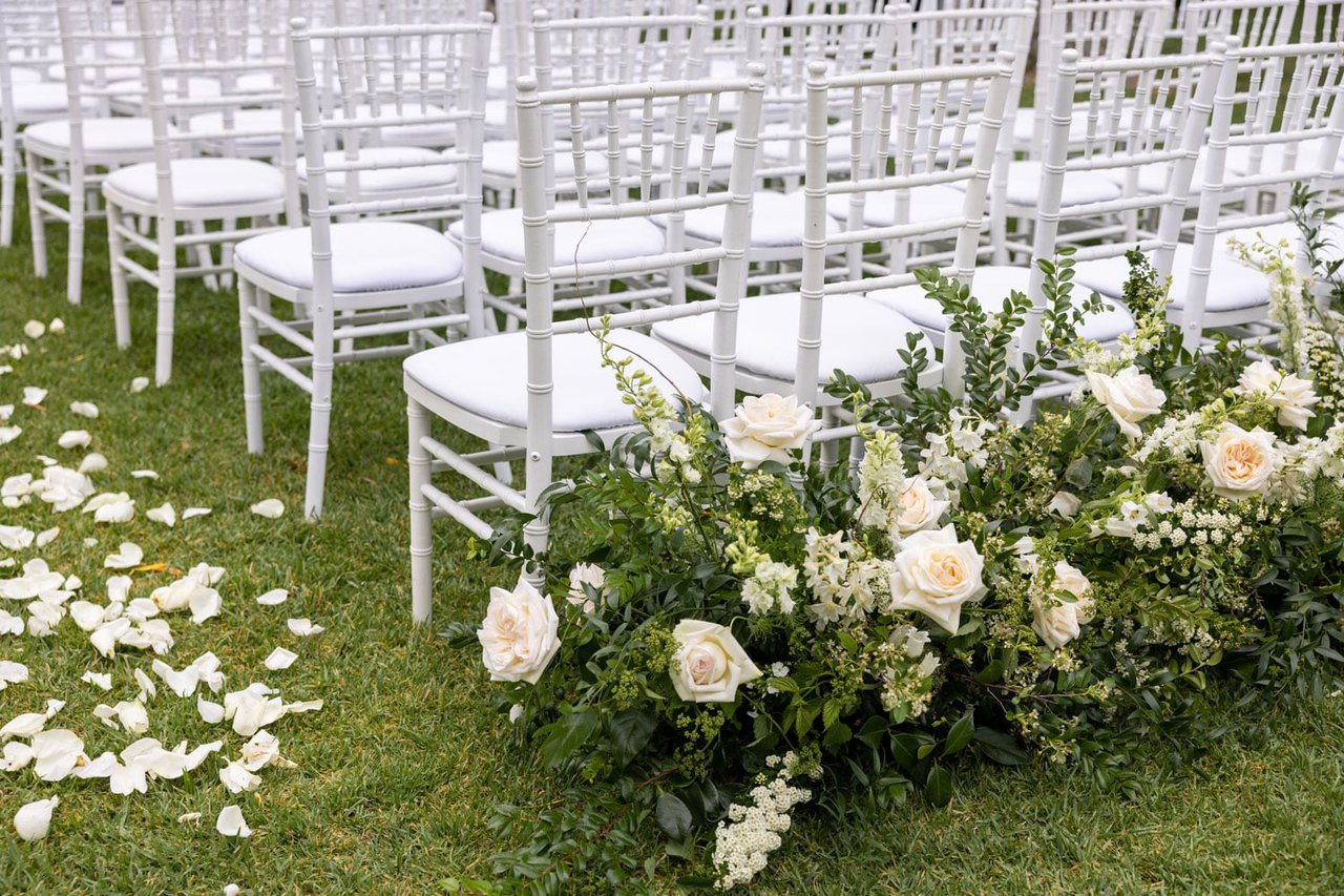 White Roses & Greenery at Ceremony Aisle Entrance