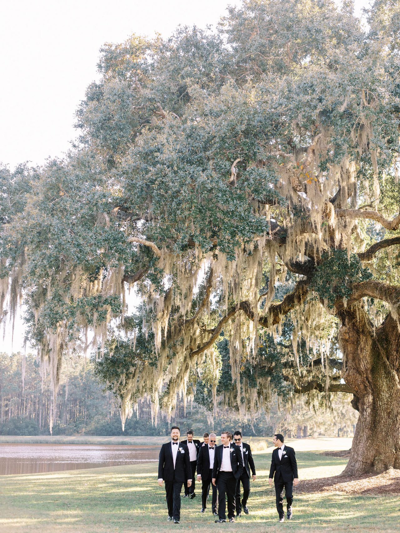 Groom & Groomsmen Walking Under Oak Tree