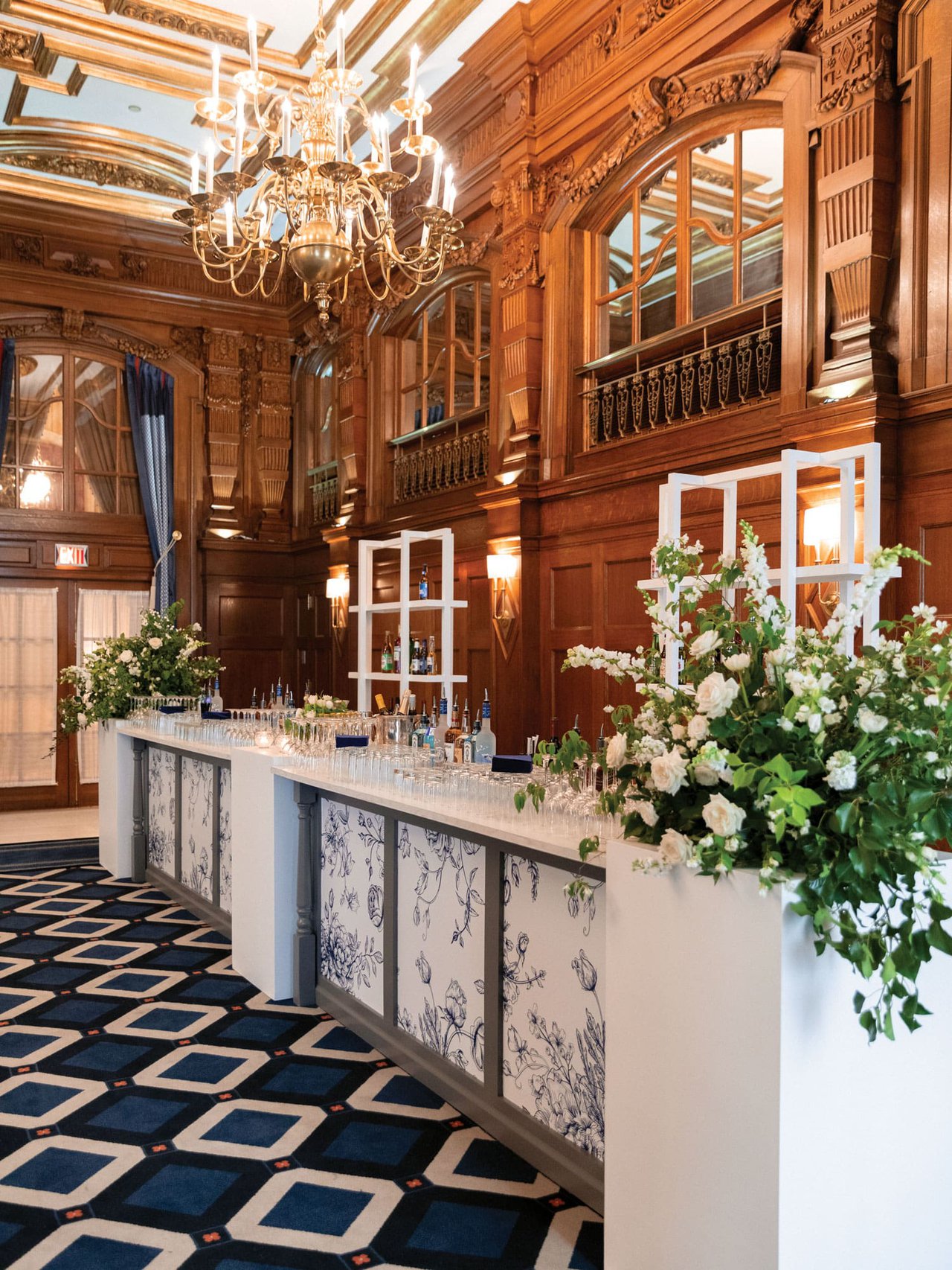 Cocktail Hour Bar with Blue & White Floral Design