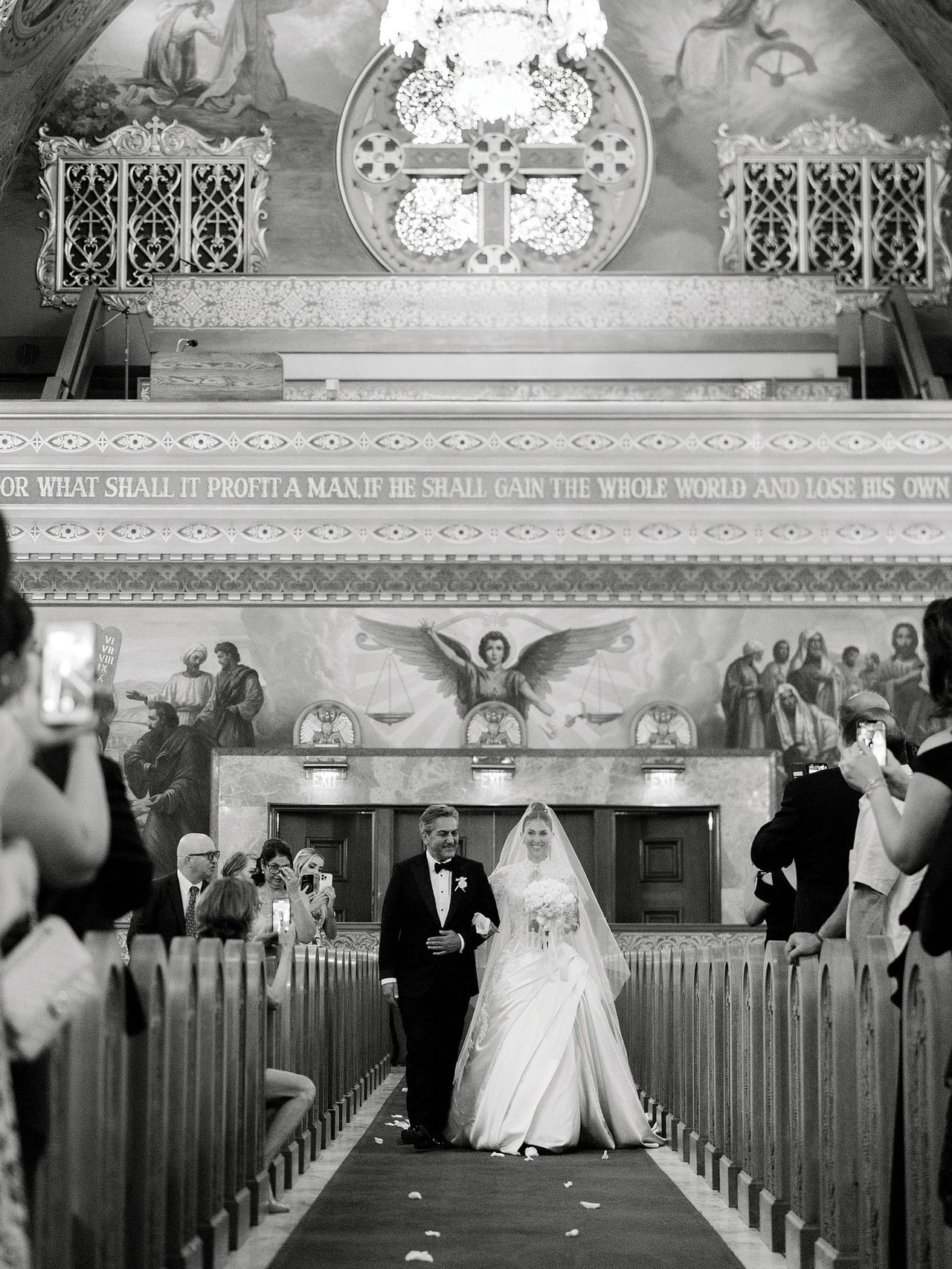 Black-and-White Photo of Bridal Processional at Church