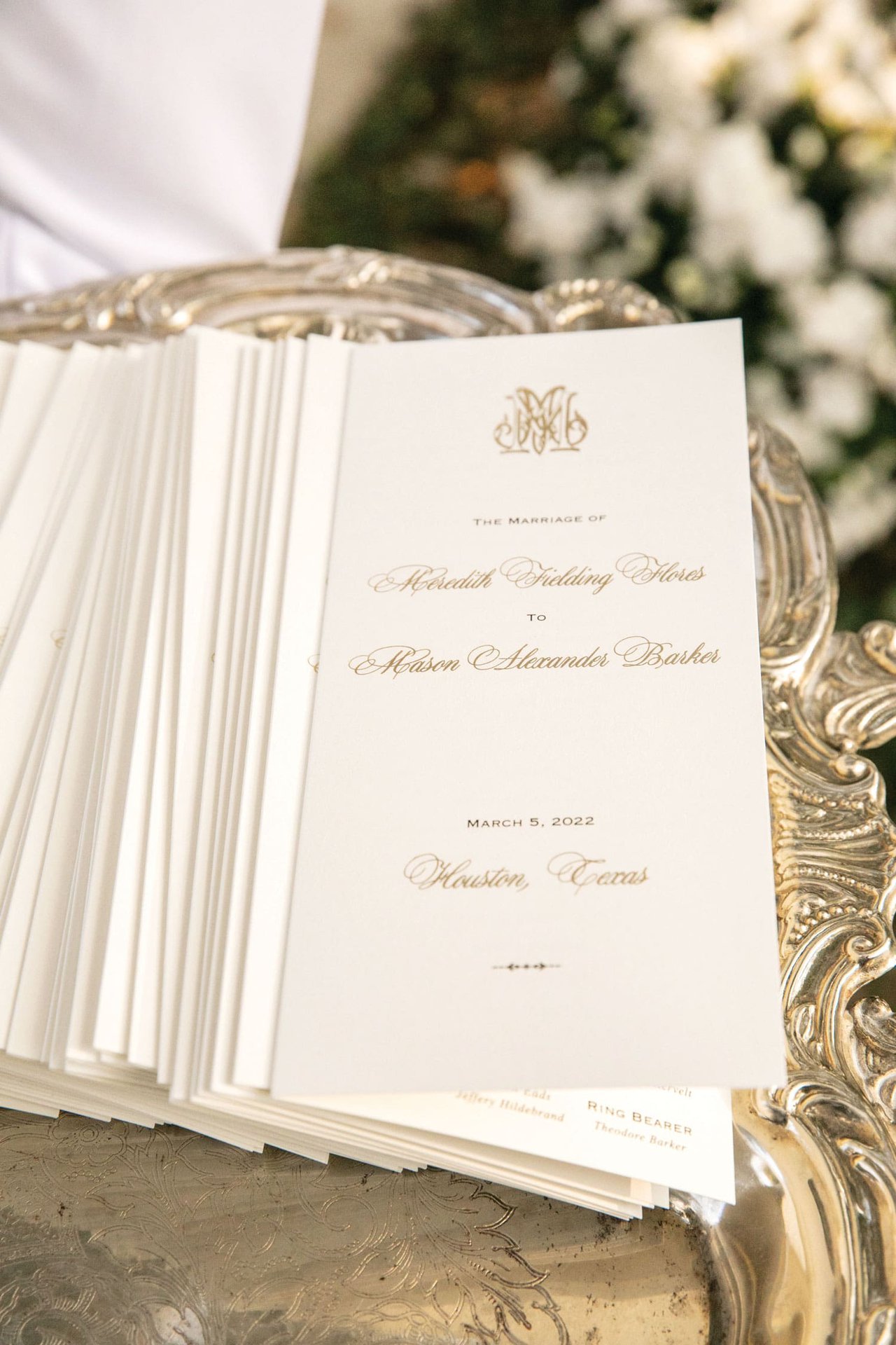 White & Gold Ceremony Program on Tray