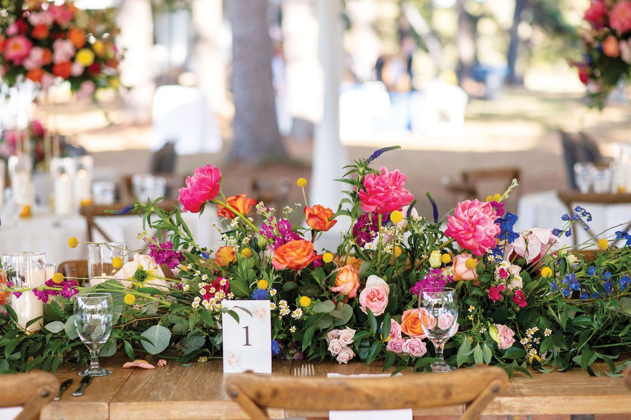 Wood Table with Multicolored Flowers