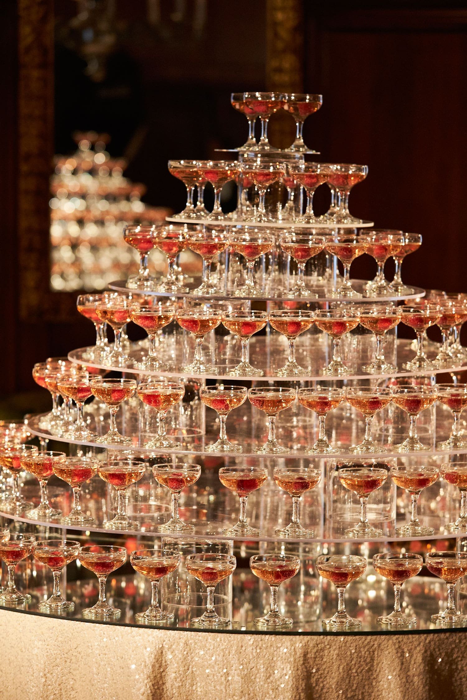 Champagne Tower at Wedding Cocktail Hour