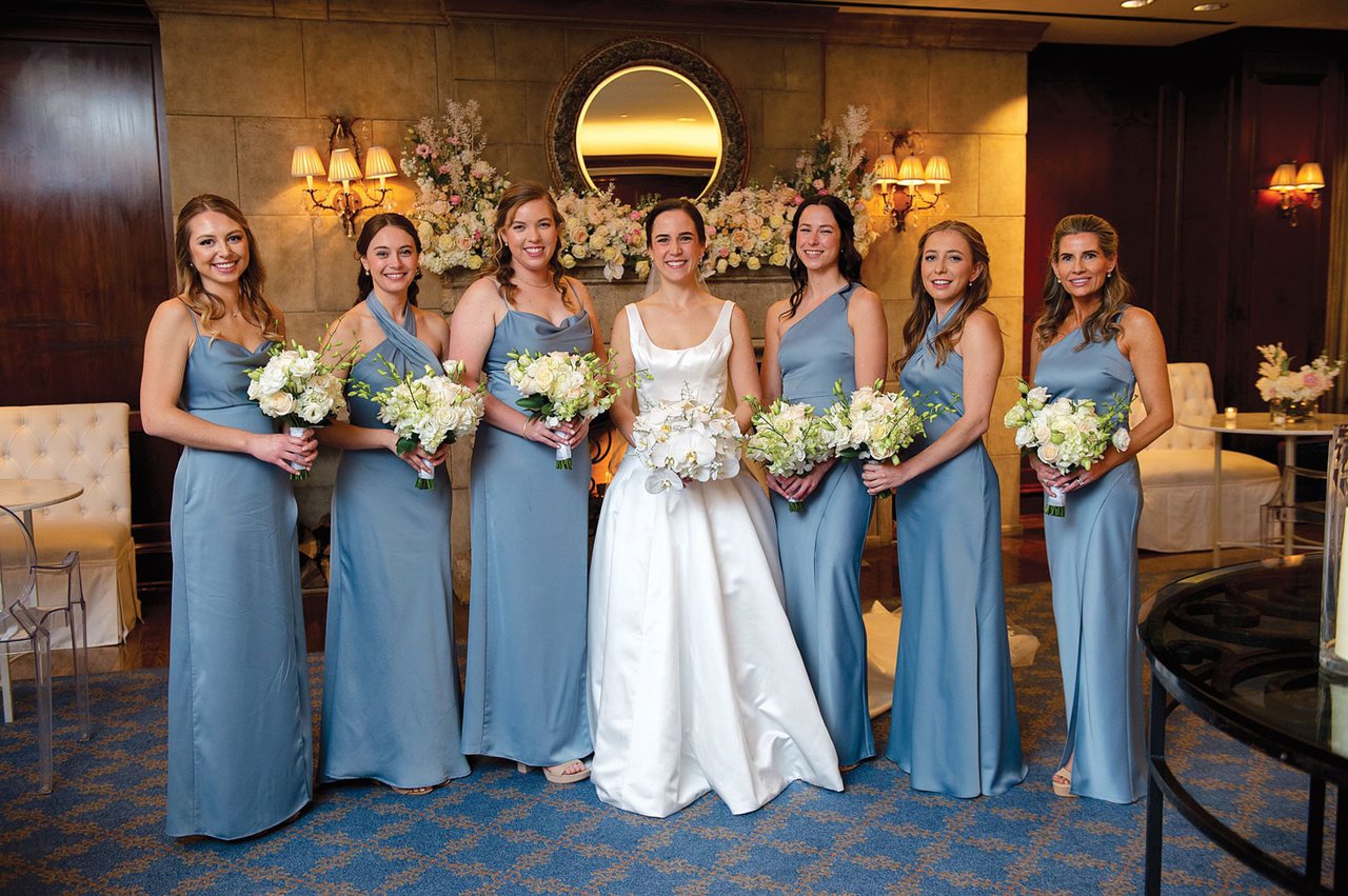 Bride with Bridesmaids in Blue Gowns