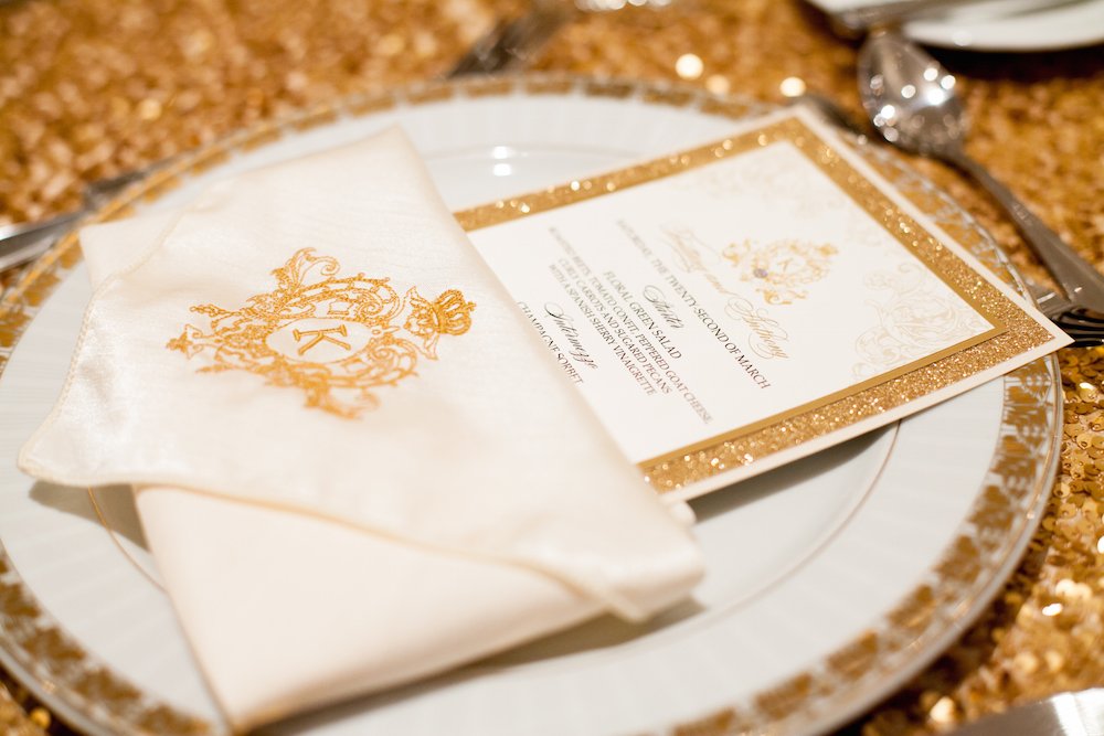 Reception Décor Photos - Gold Place Setting + Glitter Menu - Inside ...