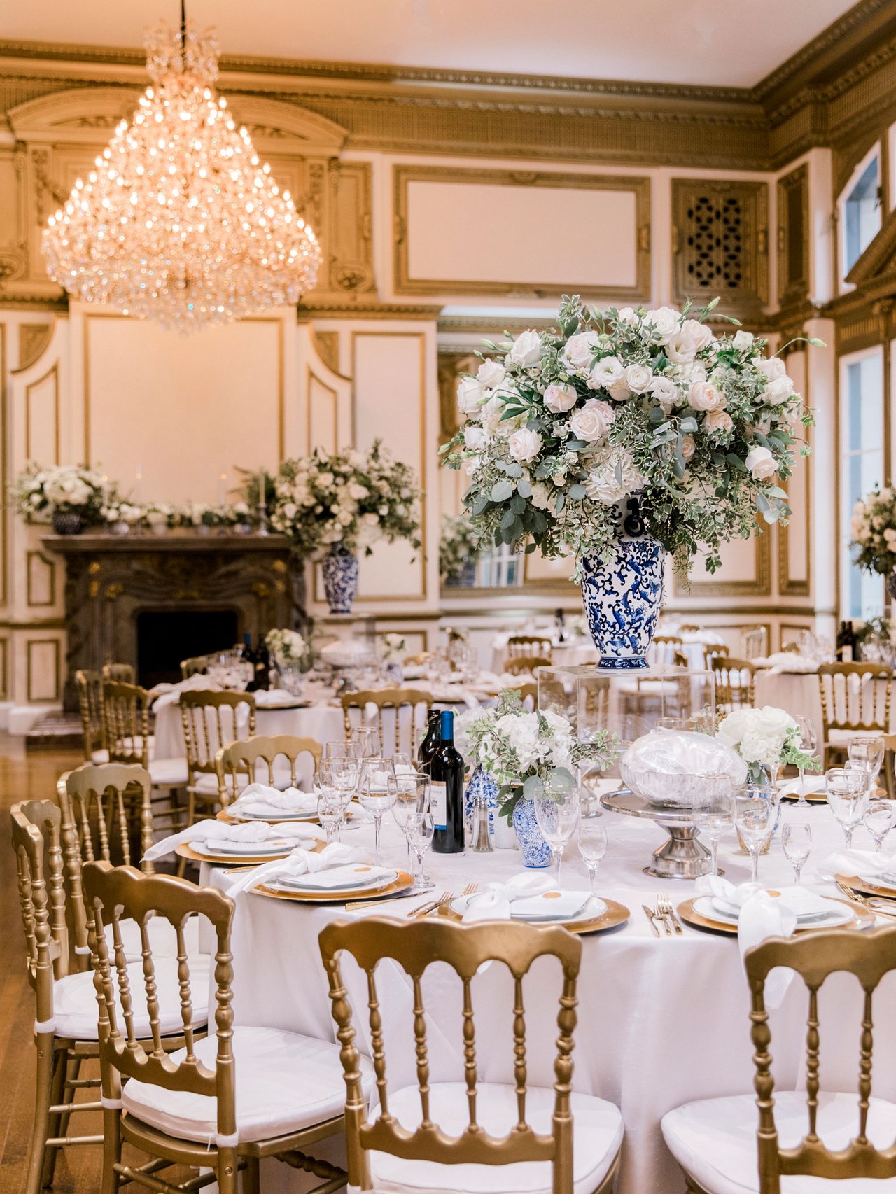 Fireplace & Chandelier in Ballroom