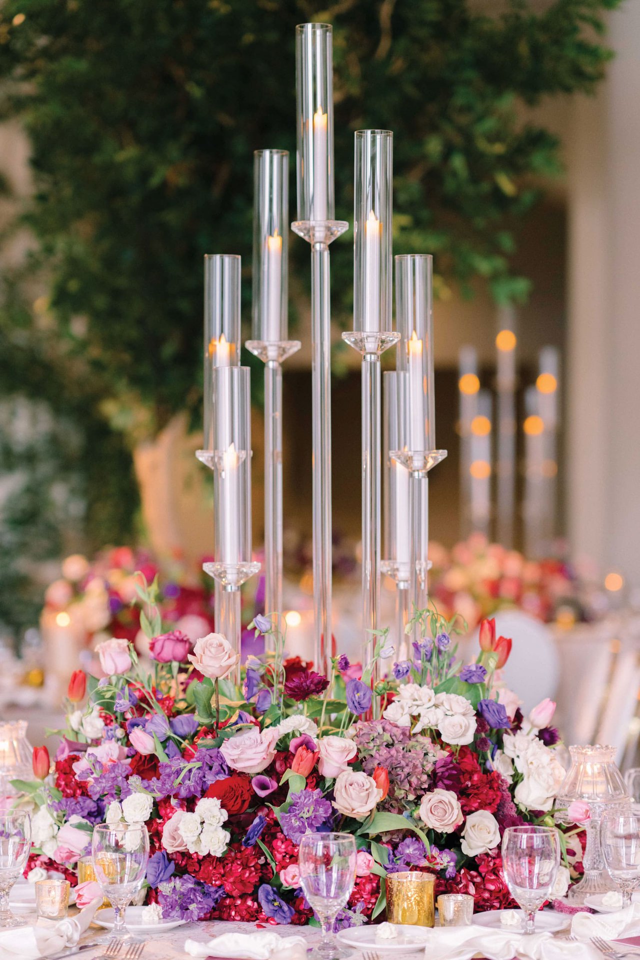 Candelabra Centerpiece with Pink & Purple Flowers
