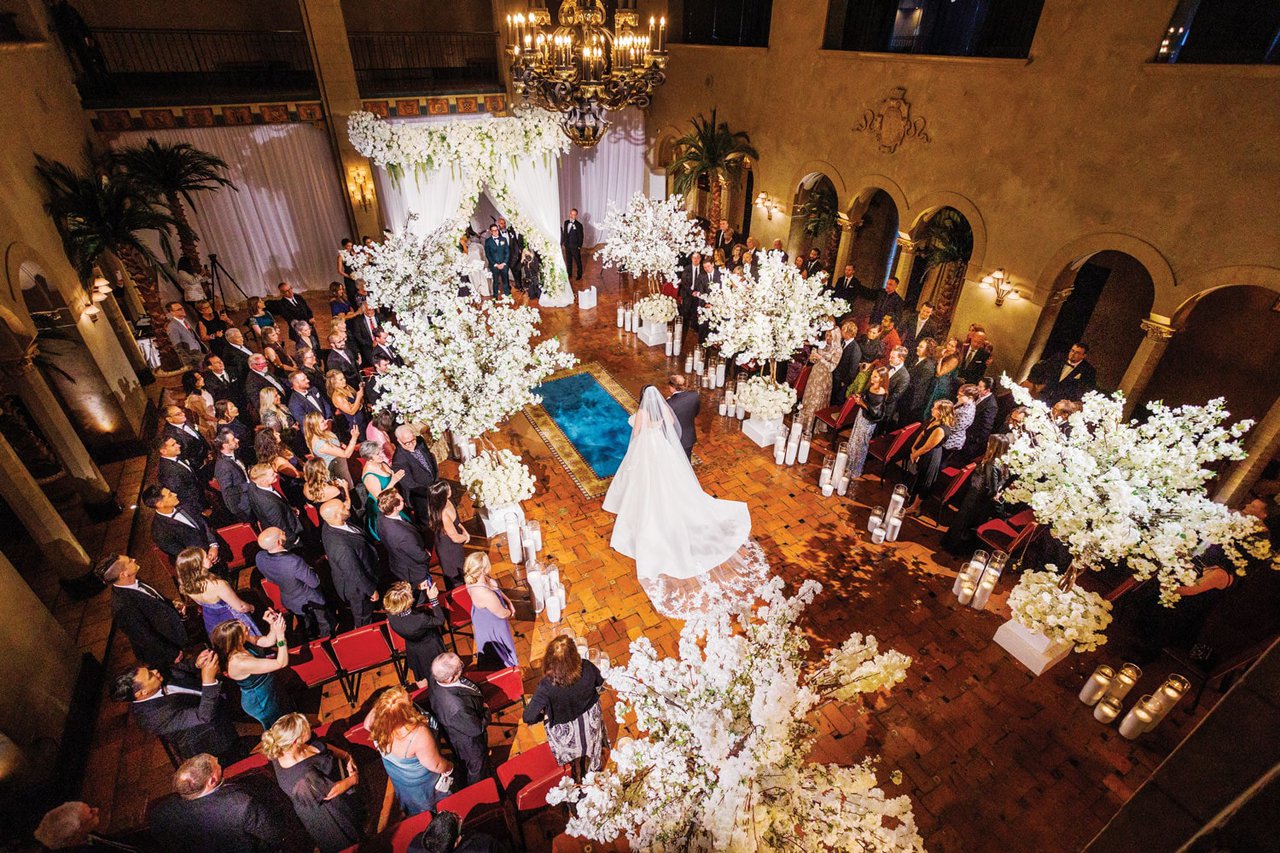Aerial View of Ceremony with Cherry Blossom Décor