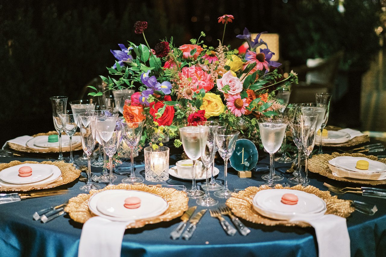 Blue Table Linen with Colorful Centerpiece