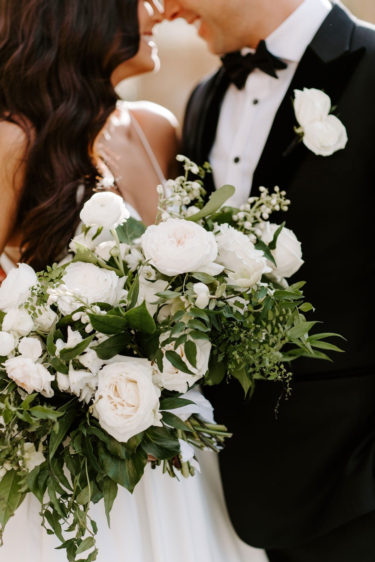 Bride & Groom Portrait with Up-Close Bouquet