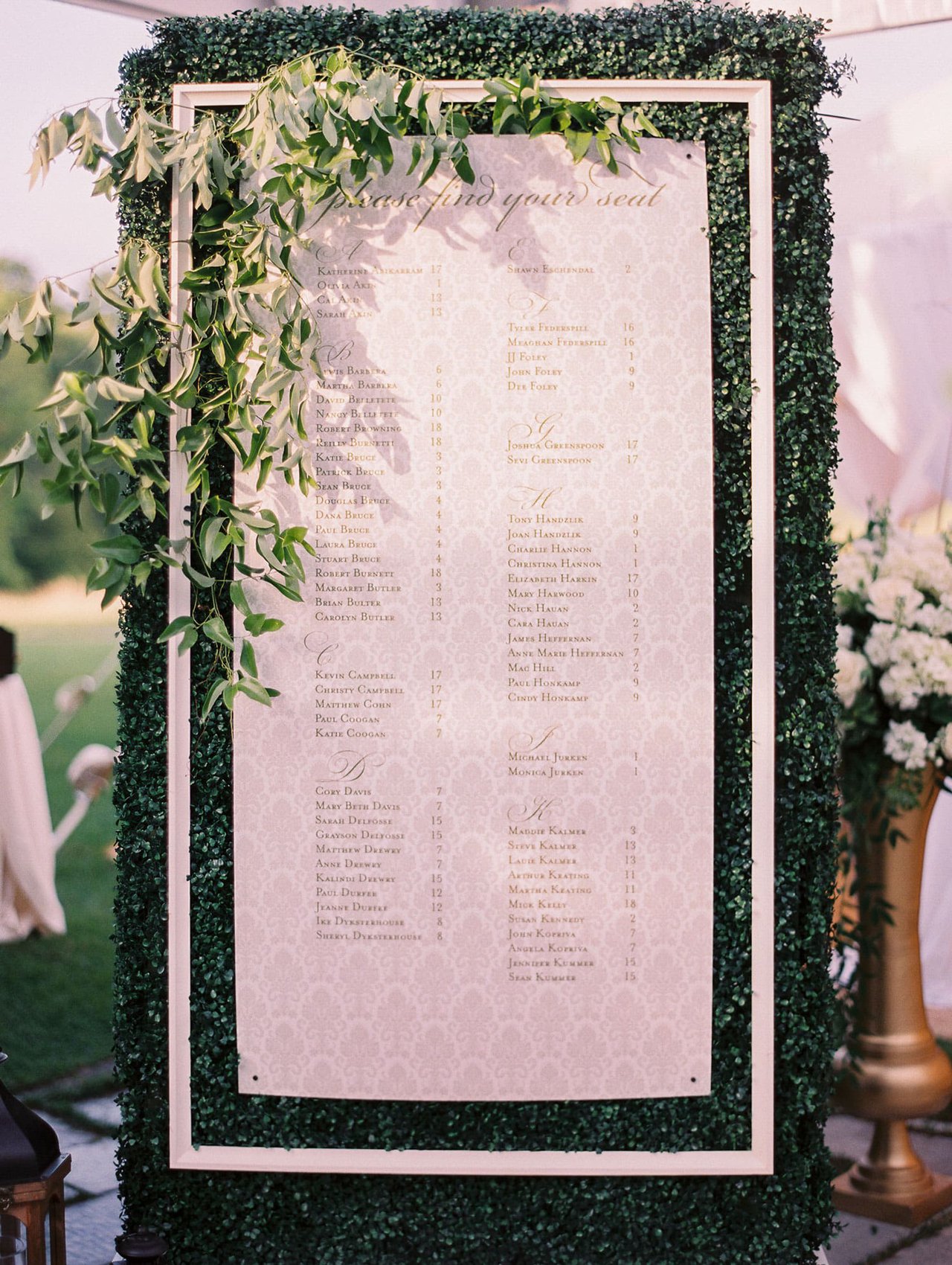 Seating Chart on Hedge Backdrop