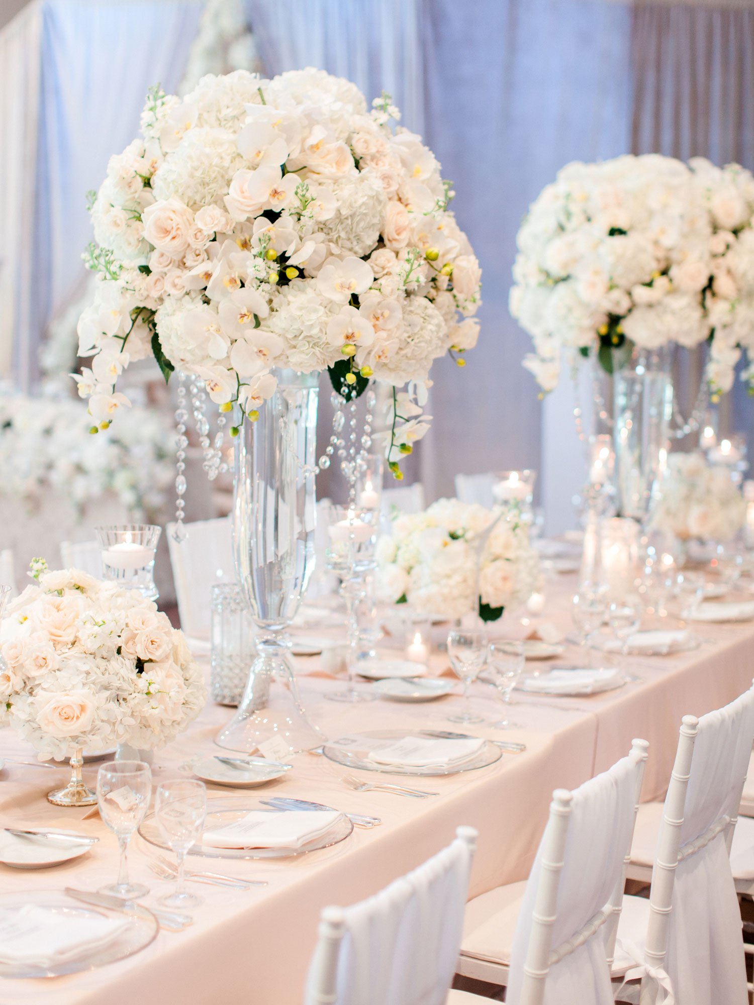 Blush Linens & Ivory Tall Centerpieces