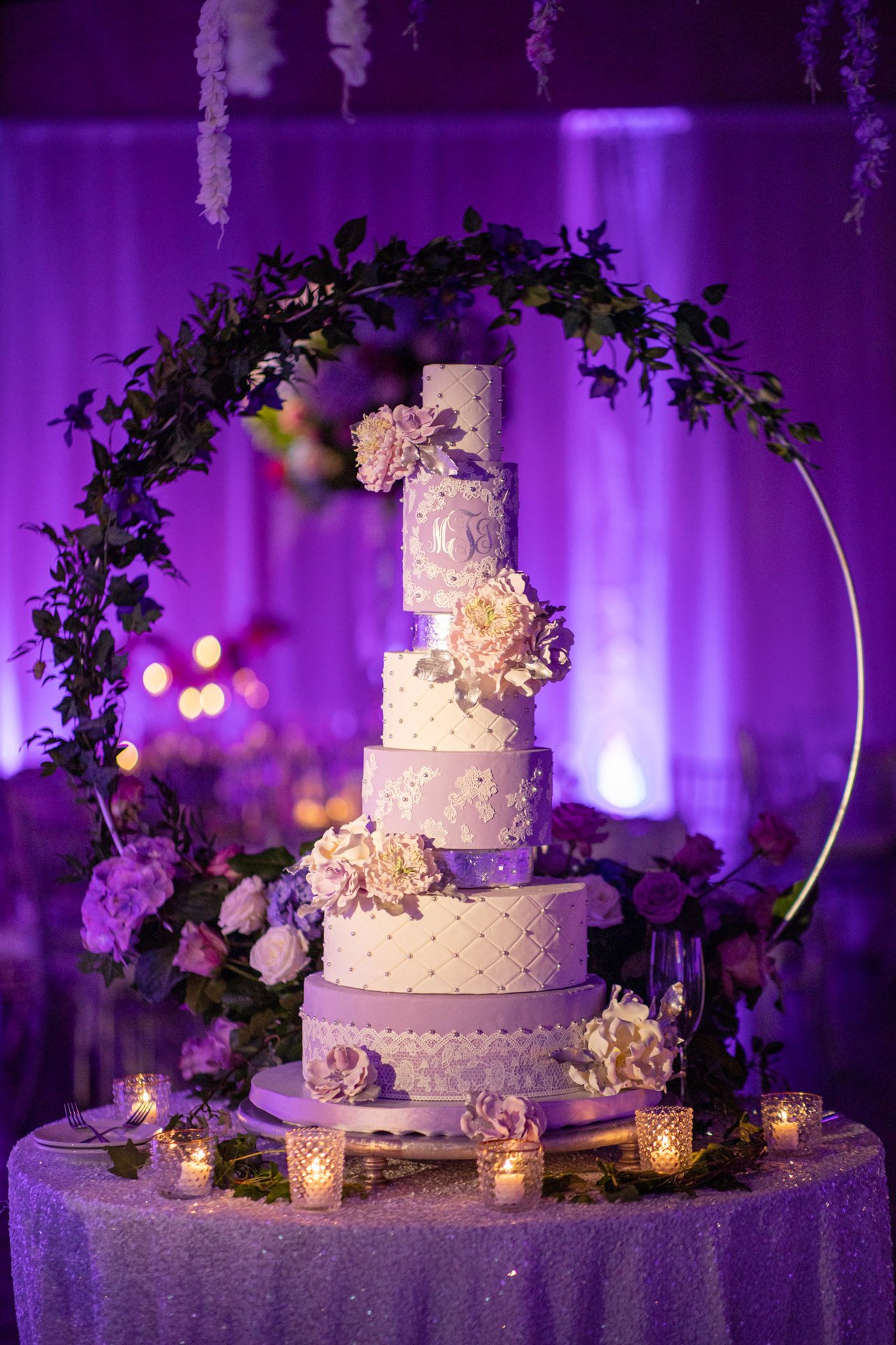 Purple, White & Silver Wedding Cake