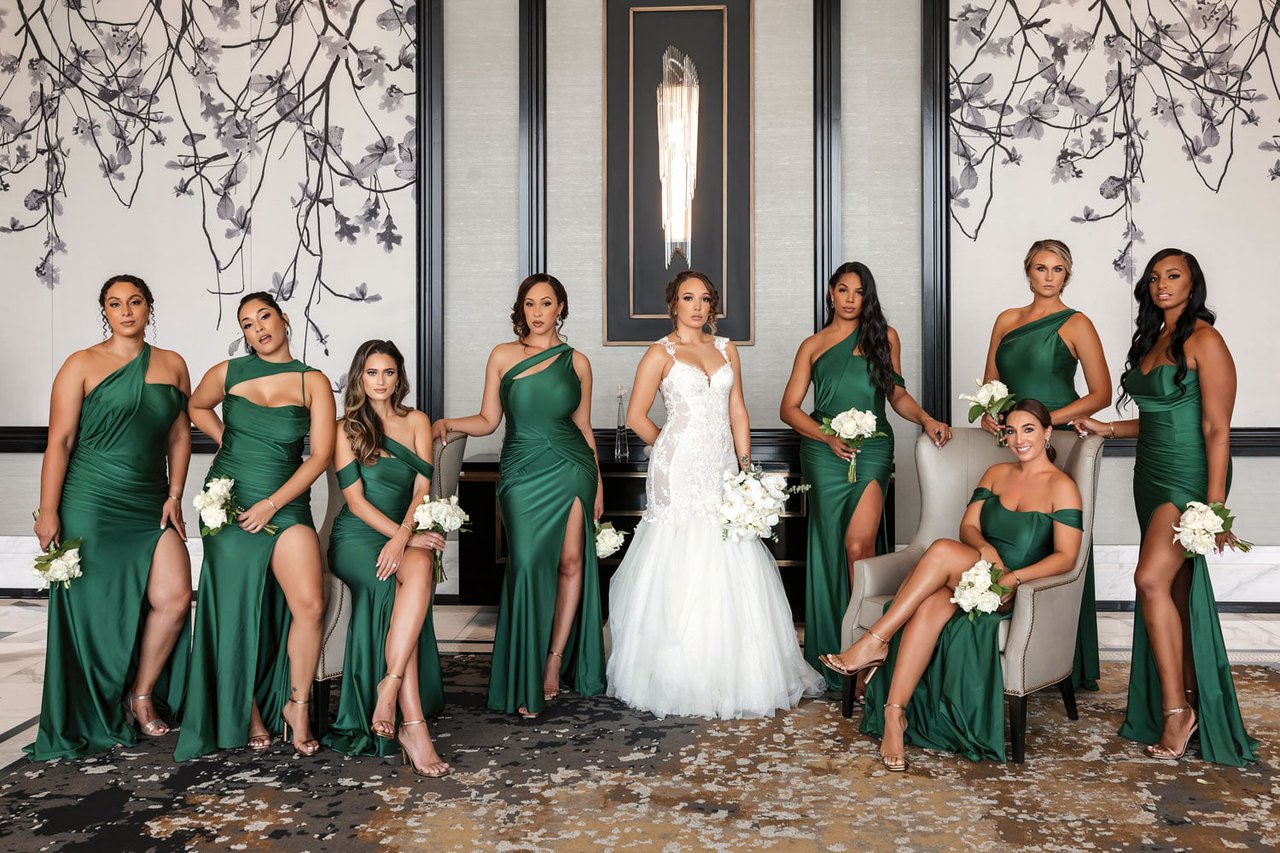 Blair Bashen with Bridesmaids in Green