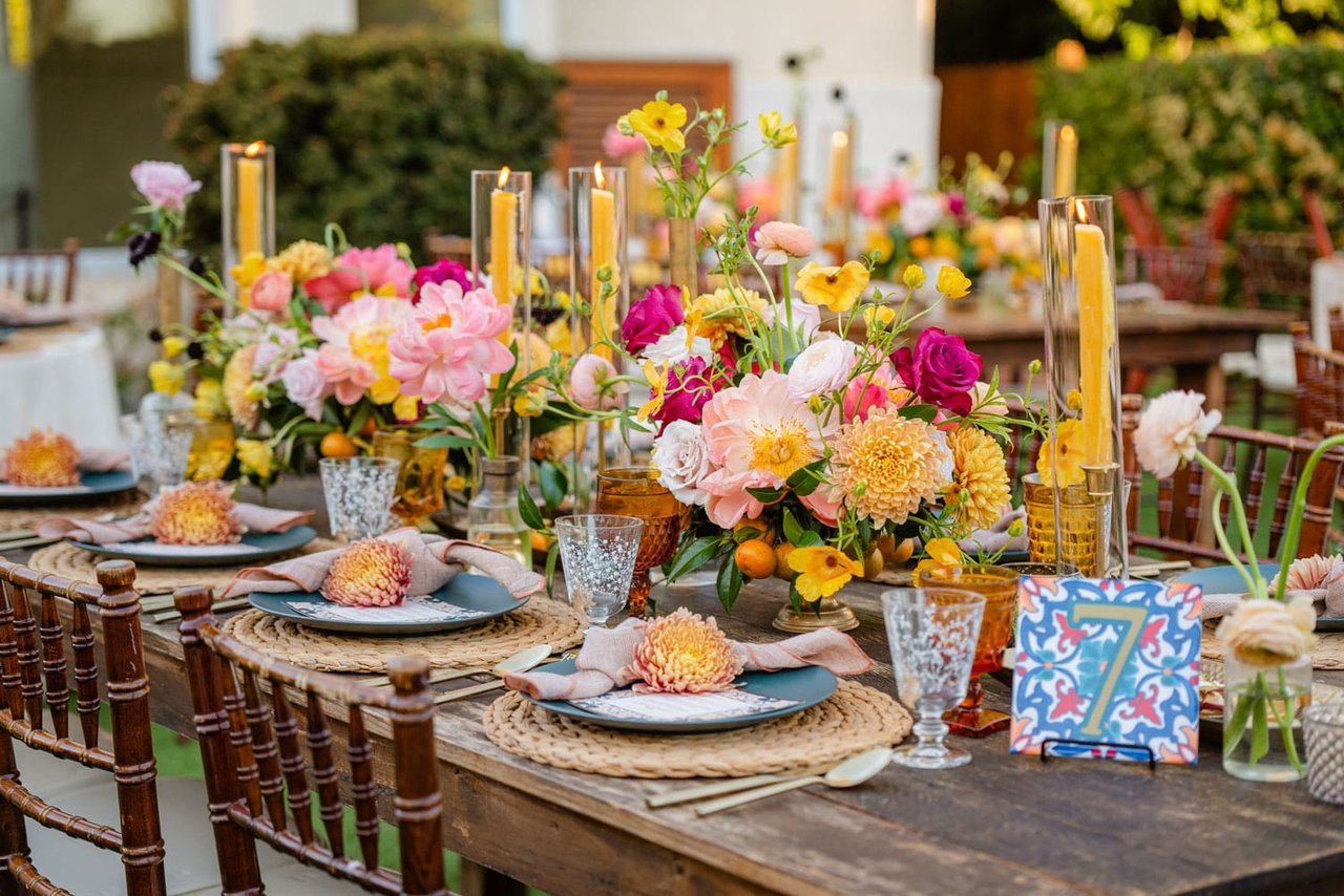 Vibrant Centerpiece & Spanish Tile Table Numbers
