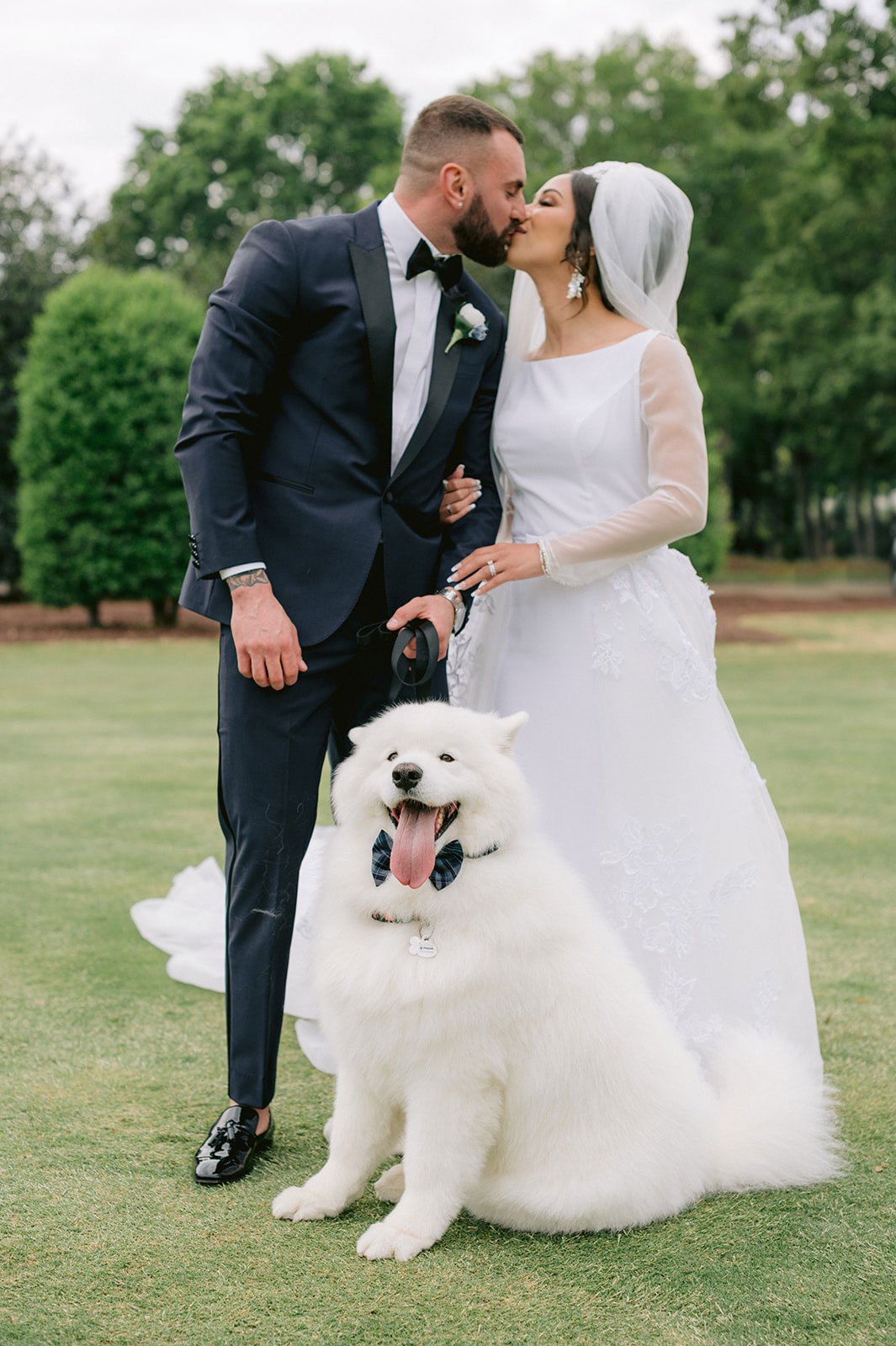 Bride & Groom with Samoyed Dog