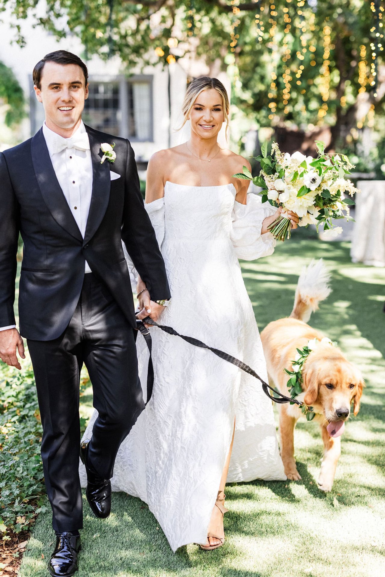 Bride & Groom Walking Golden Retriever