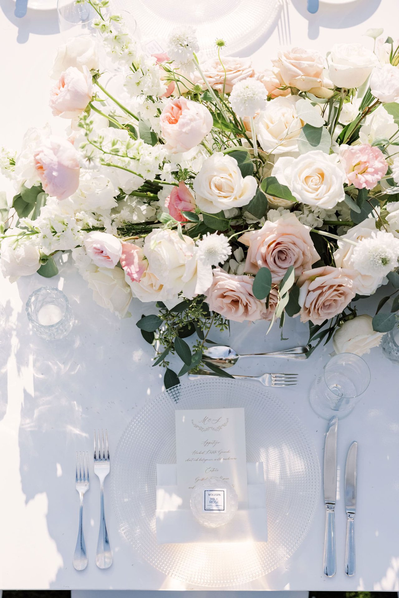 Aerial View of Wedding Centerpiece + Place Setting