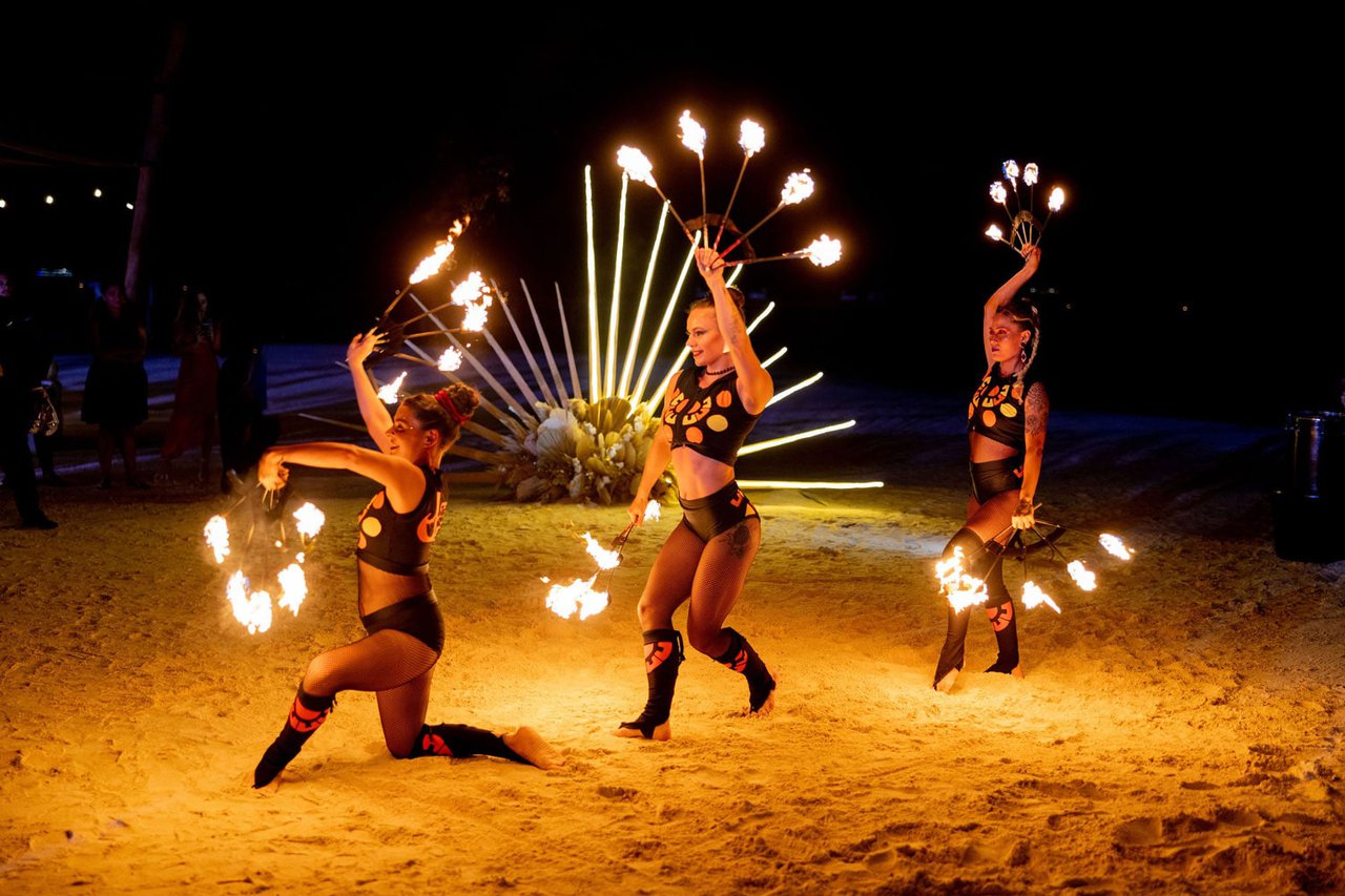 Fire Dancers on Beach at Destination Wedding