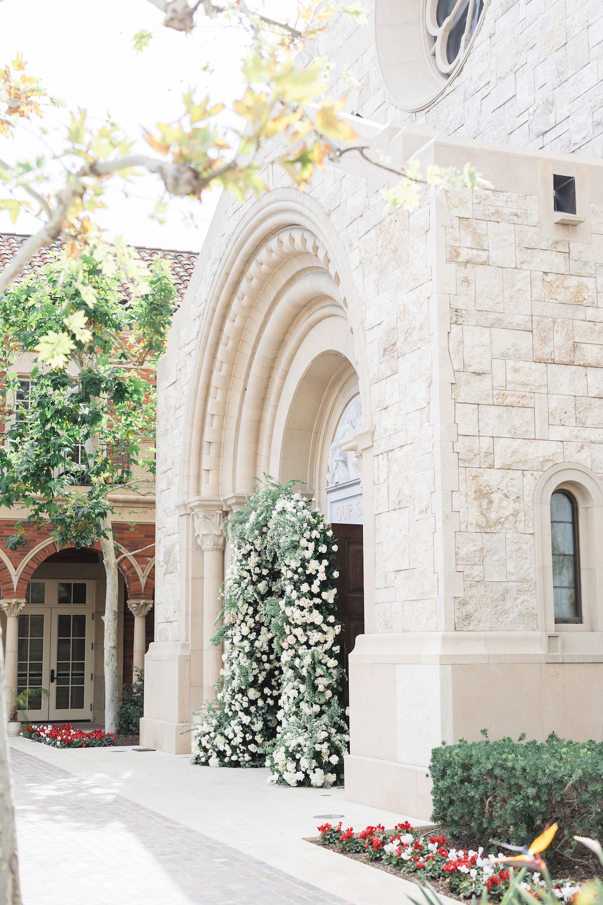 Catholic Church with Floral Arch at Entry