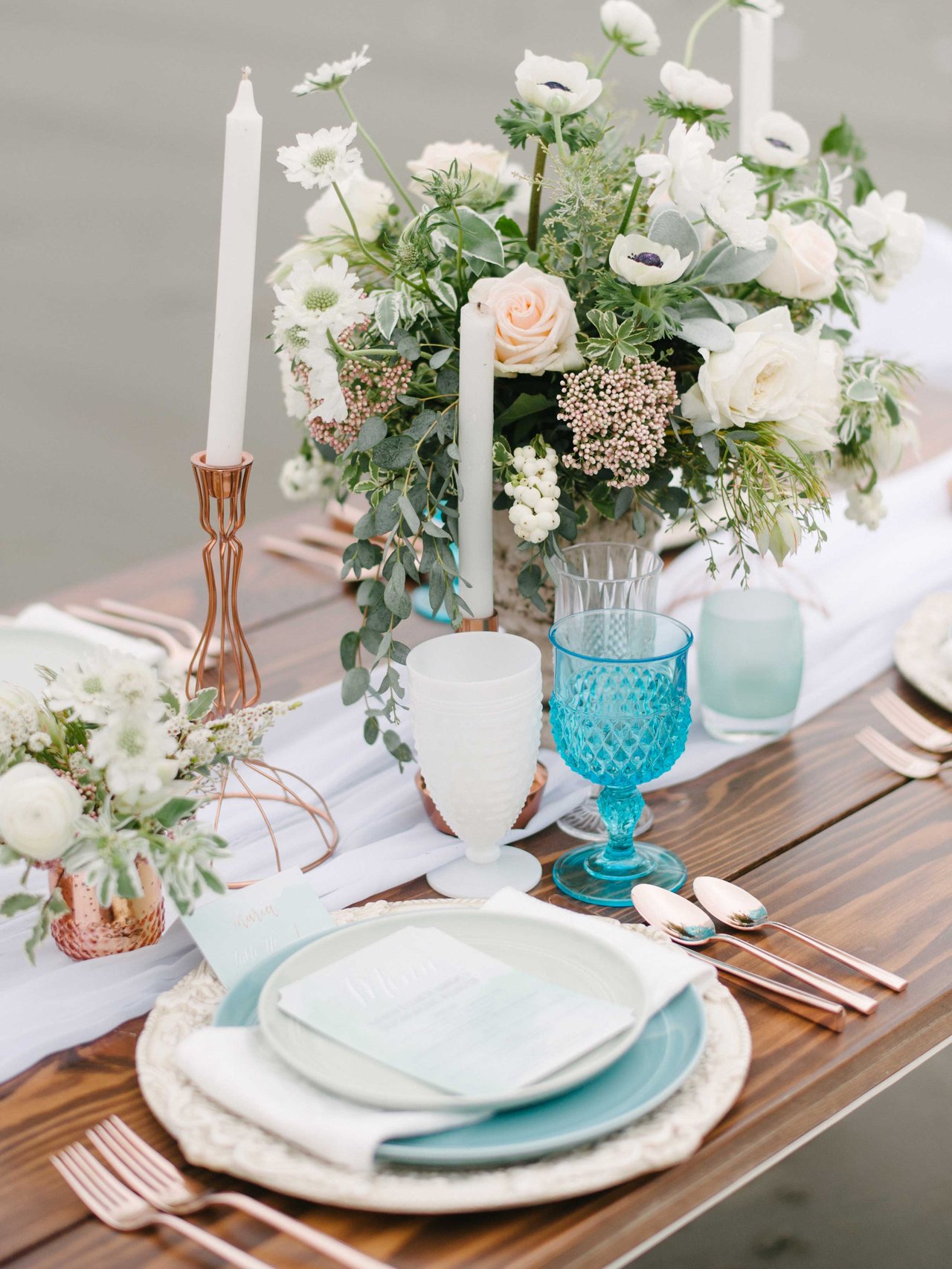 Wooden Table with Blue and White Tablescape