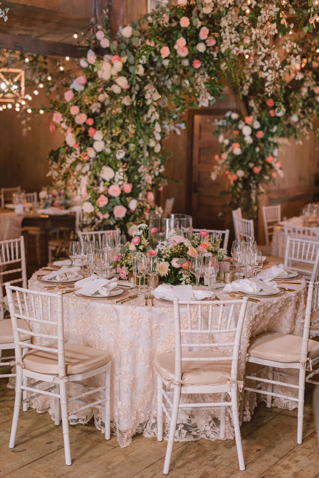 Floral Linen Overlay at Wedding Reception
