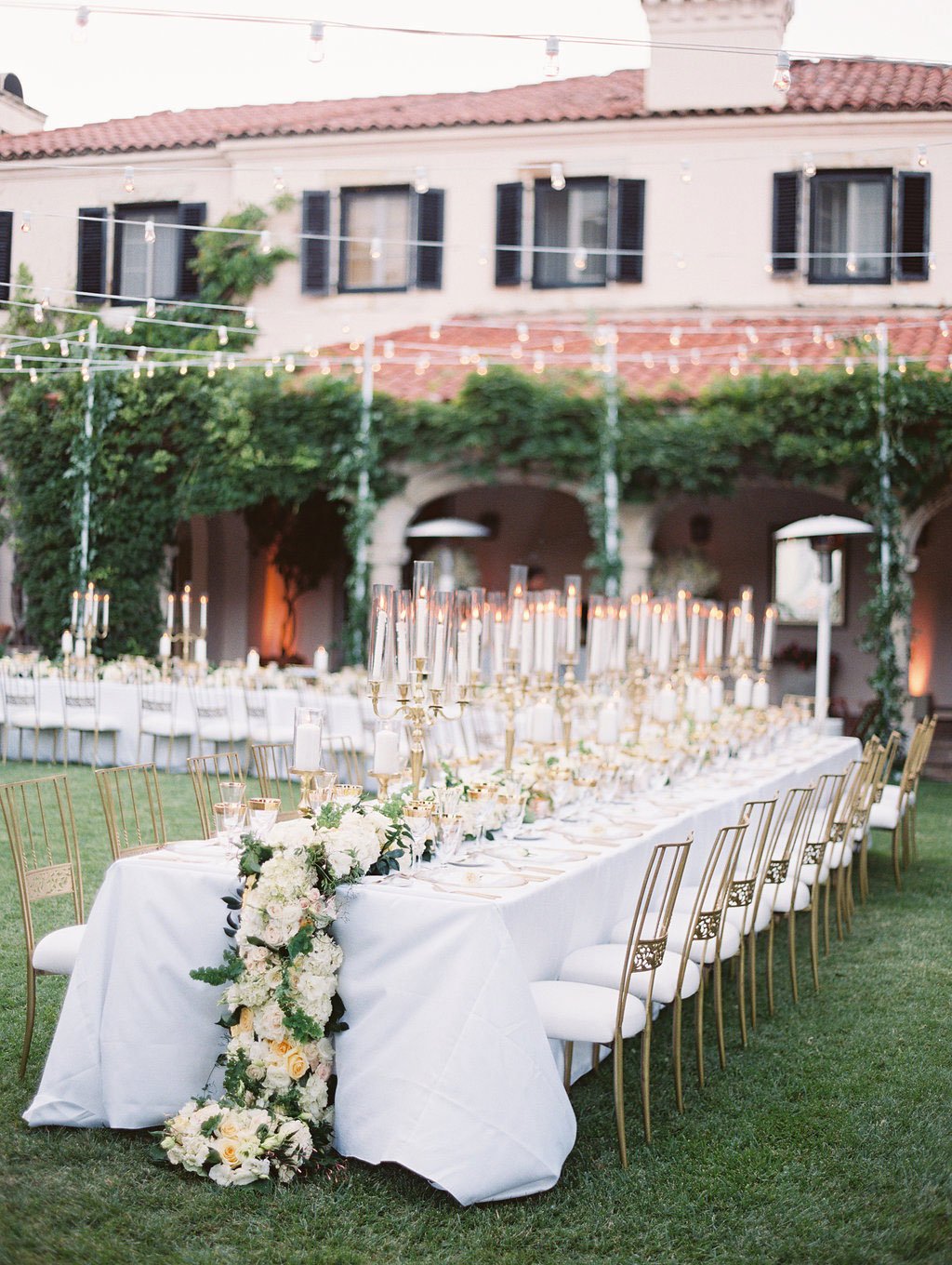 Long Tables, White Linens, Cascading Floral Runner