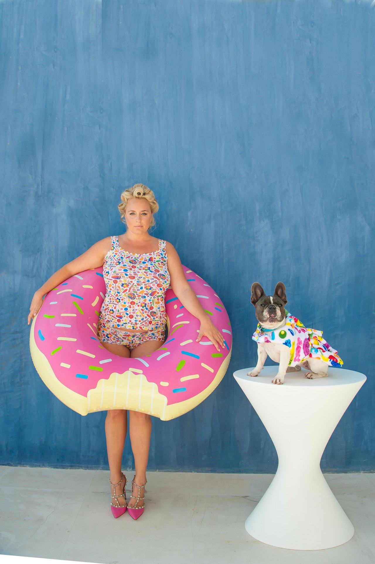 Bride with Pool Float and Dog