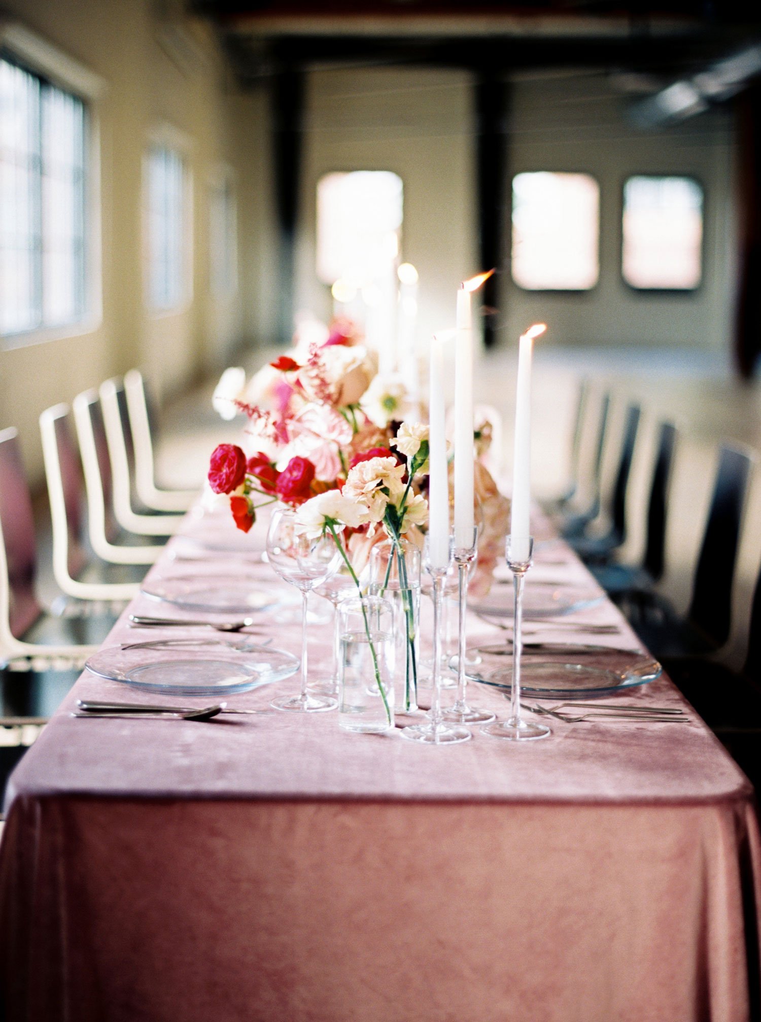 View of Long Table with Velvet Linens