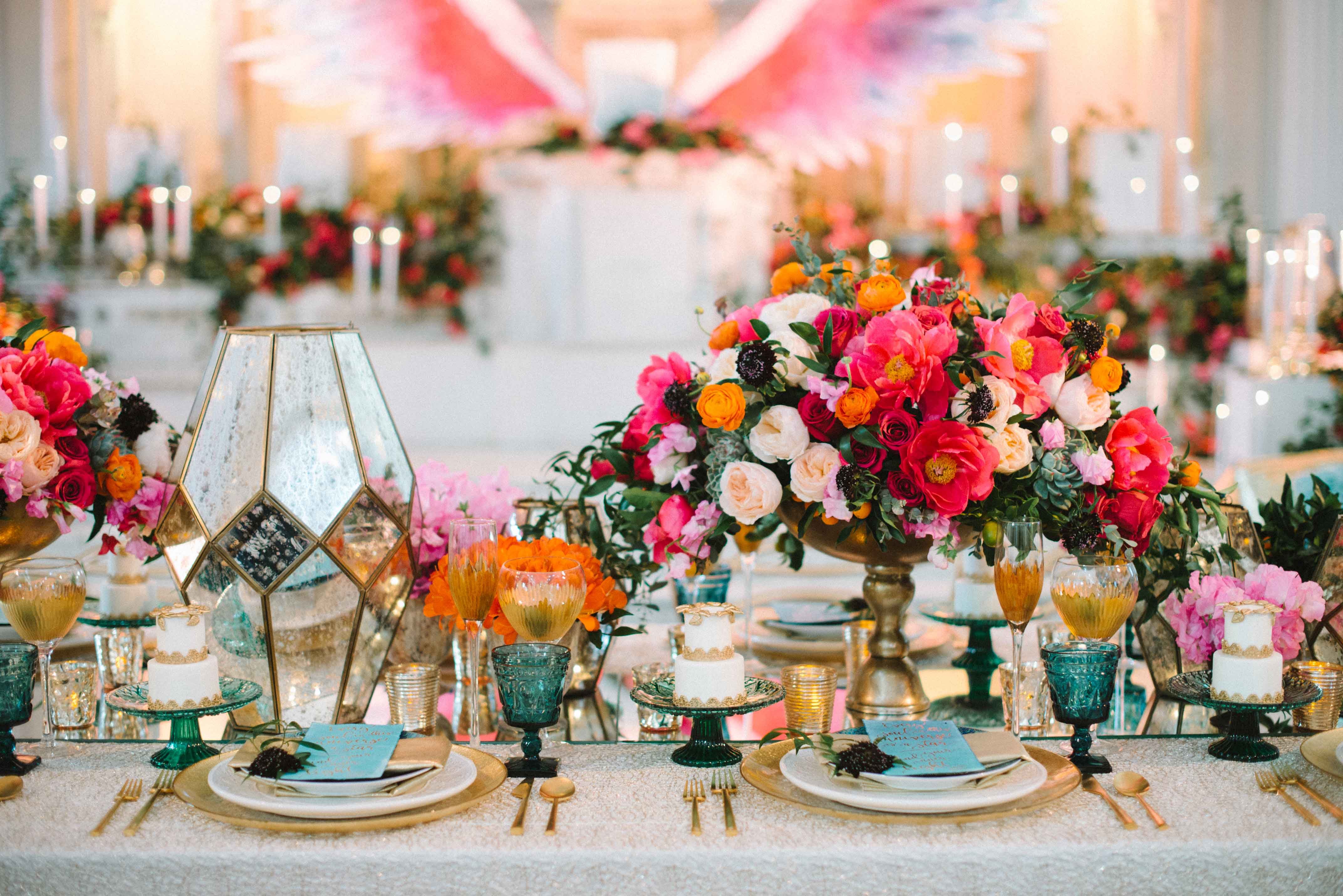 Bold Floral Arrangements, White Linens