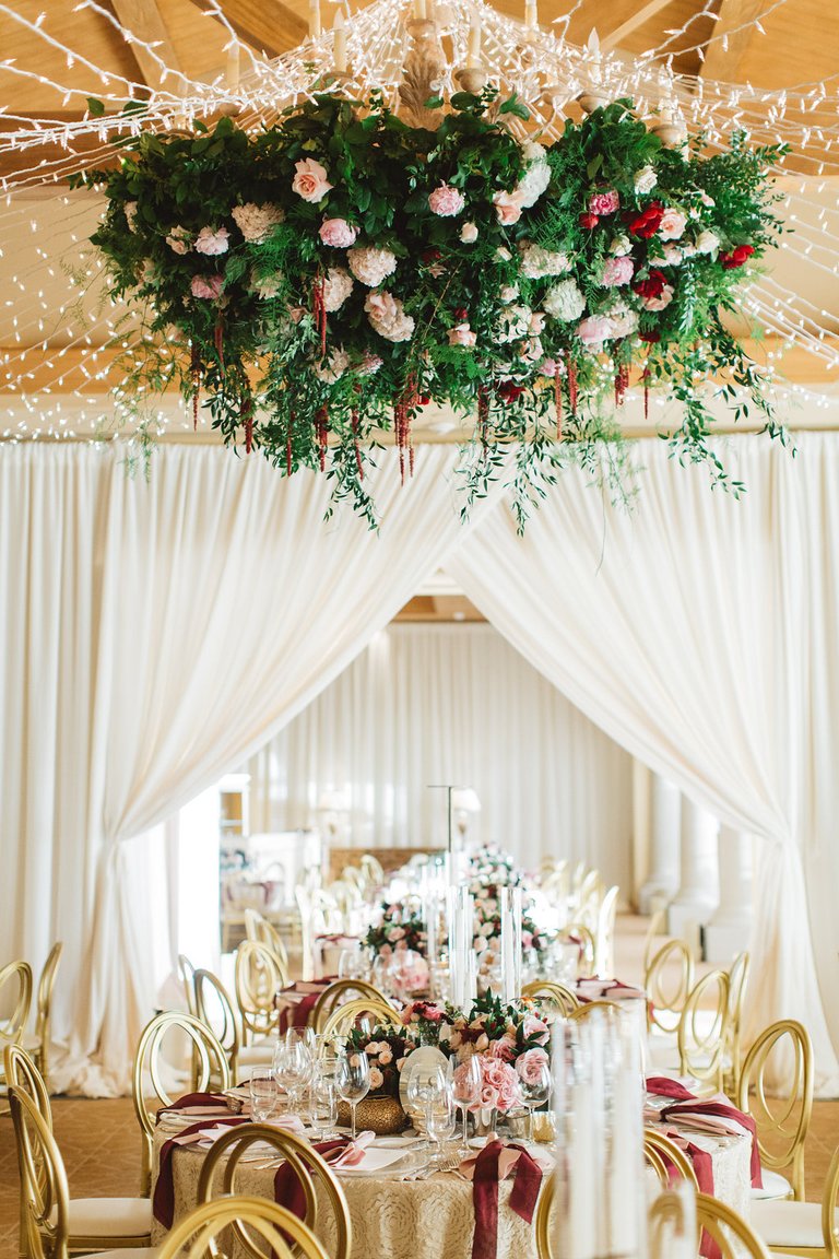 Floral Ceiling Fixture, Fairy Lights, Over Reception