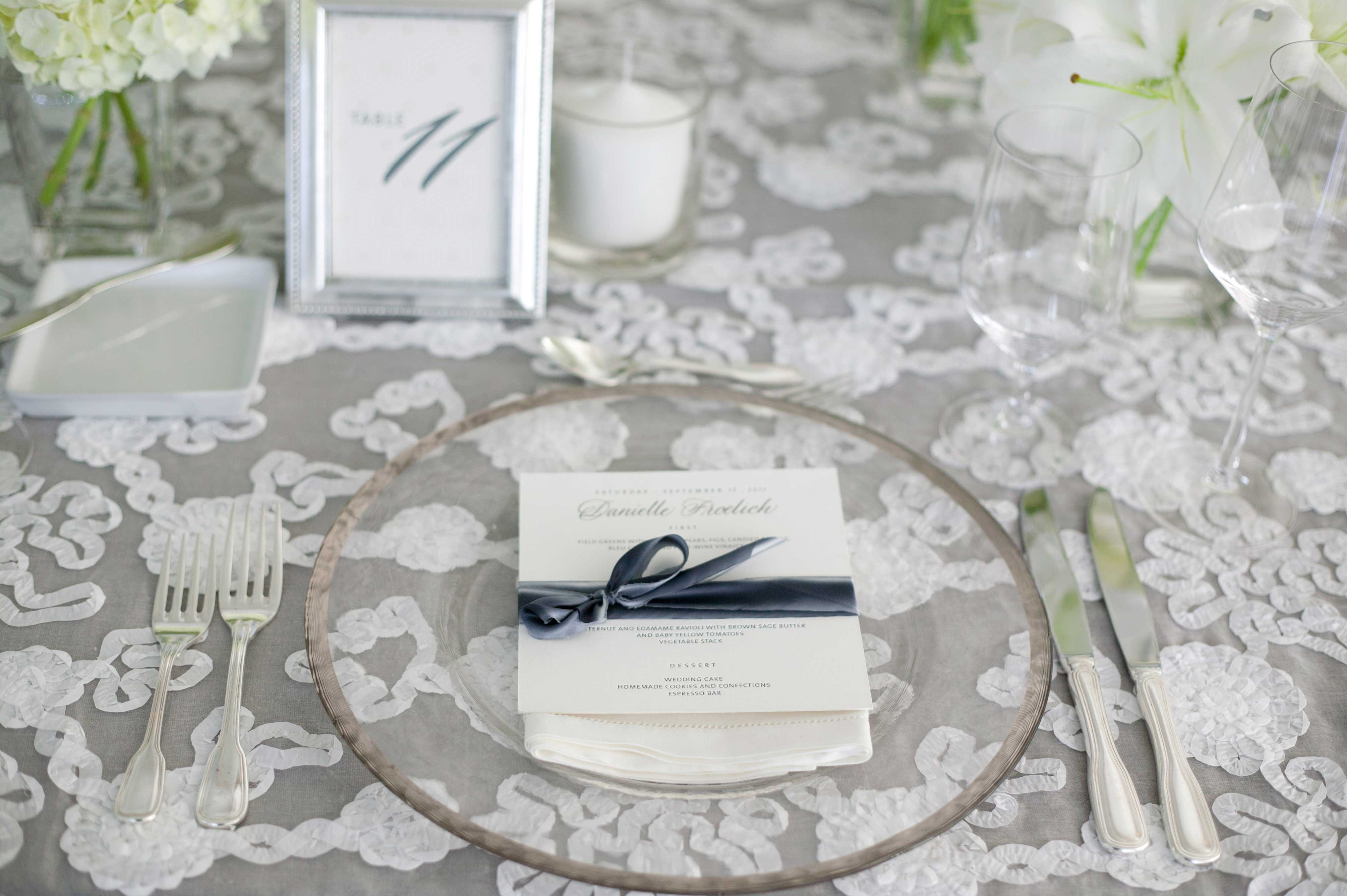 White Lace Linens with Glass Plate and Place Card