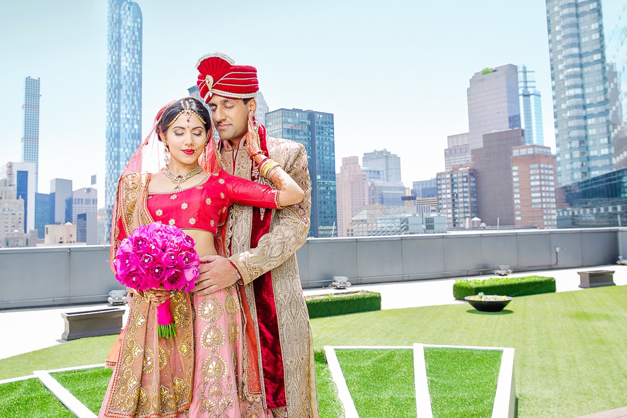 Bride and Groom in Front of New York Skyline